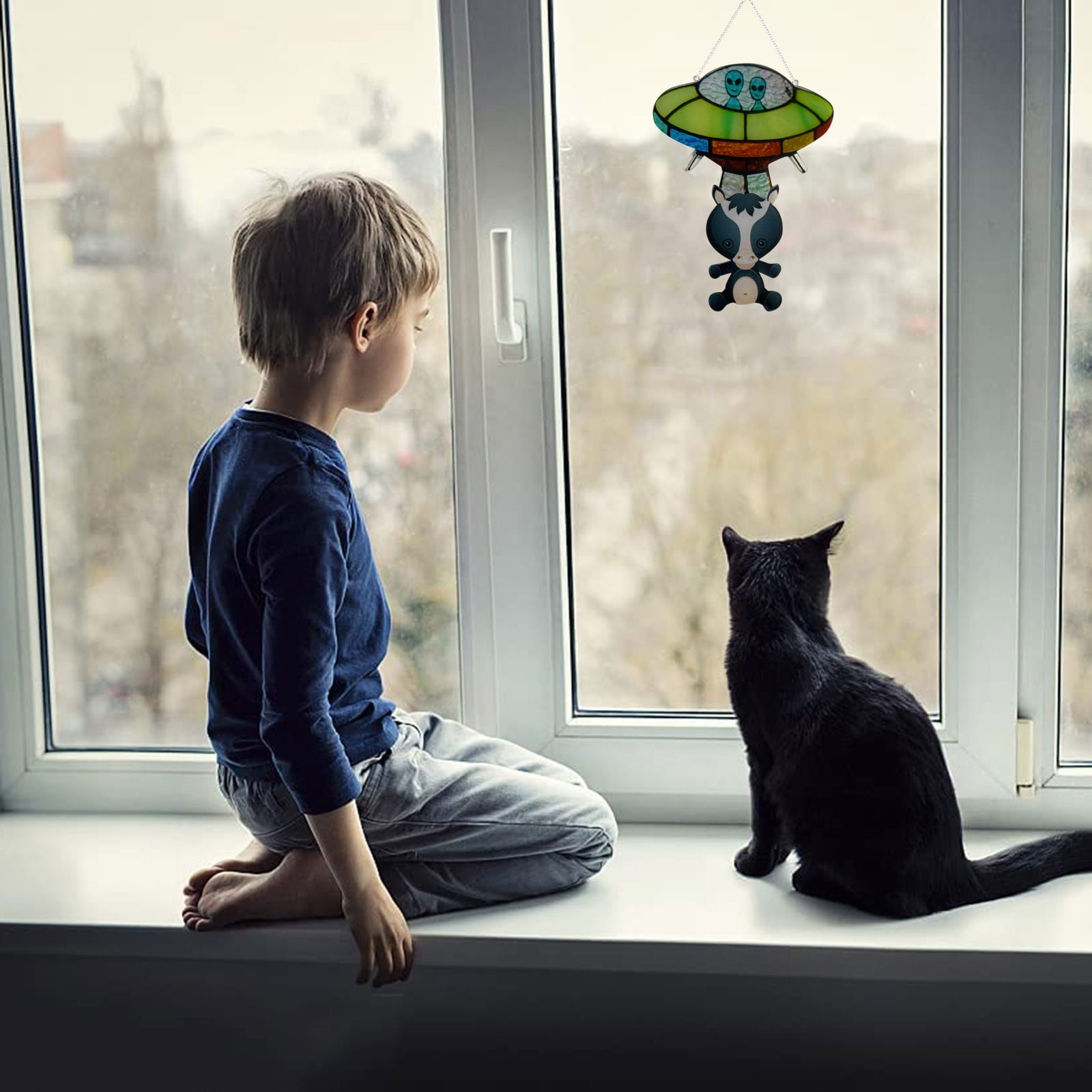 Njspdjh UFO Alien Cow Pendant Ornaments Alien And Cow Stained Window ...