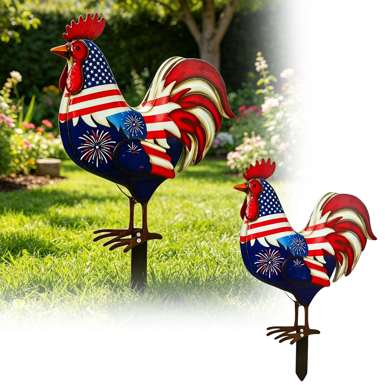 Nkmbld 4th of July Garden Stakes Decor Red White Blue Rooster Yard ...