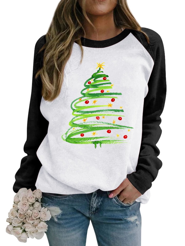 Nlife Women Christmas Tree Graphic Print Raglan Long Sleeve Round Neck Shirt - Walmart.com