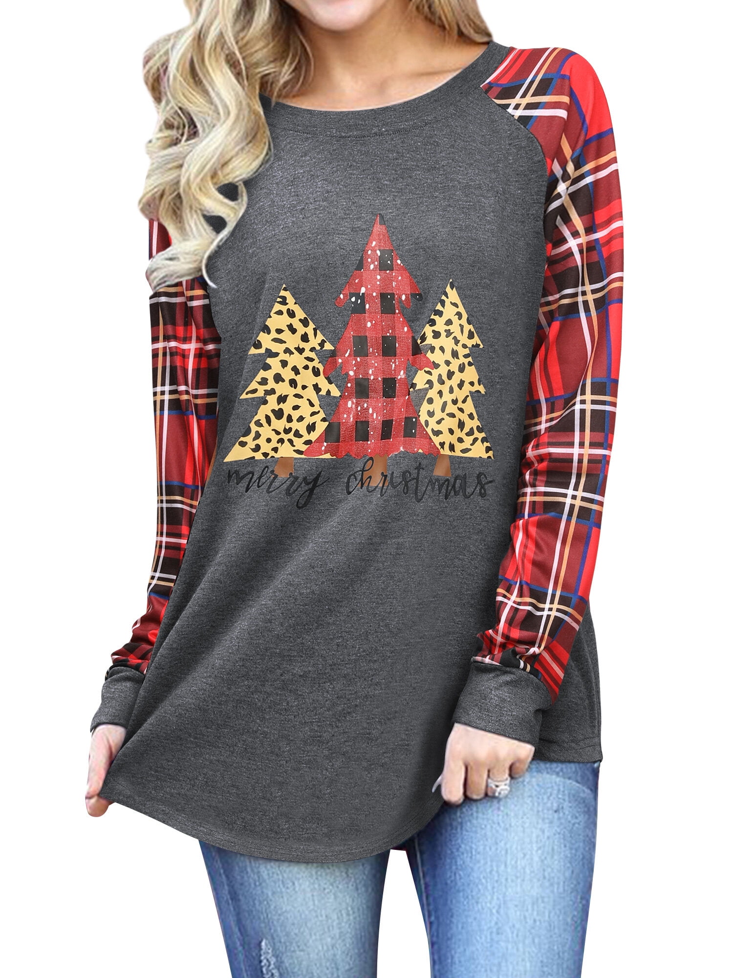 Nlife Women Christmas Trees Print Raglan Plaid Stiching Pullover Tops ...