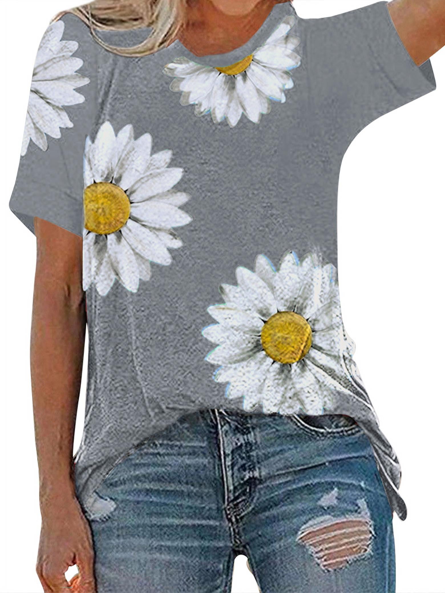 Nlife Women Dasiy Print Round Neck Short Sleeve Flower Graphic Top ...