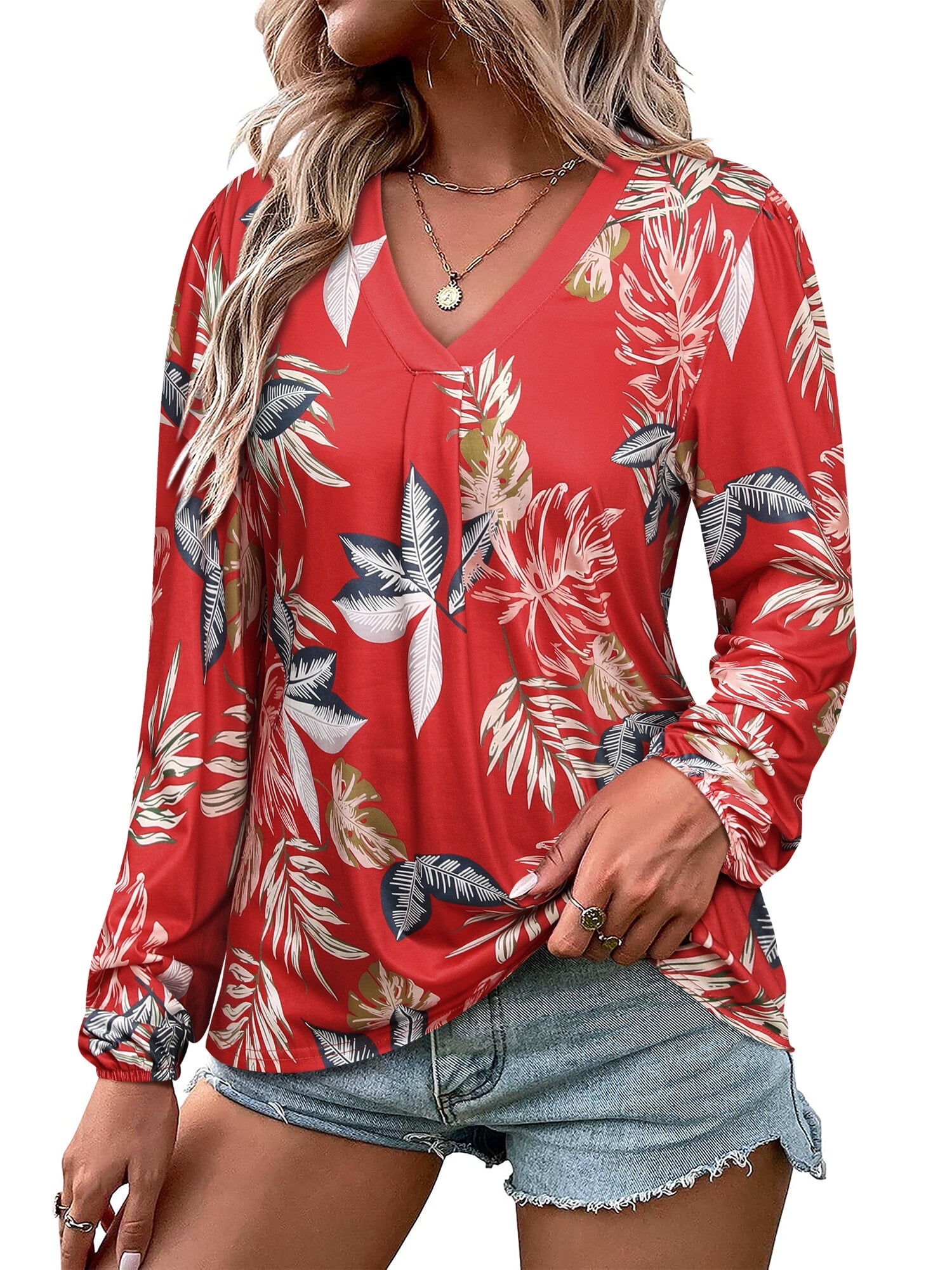 Nlife Women Hawaiian Shirt for Women V-Neck Long Sleeve Top Floral ...