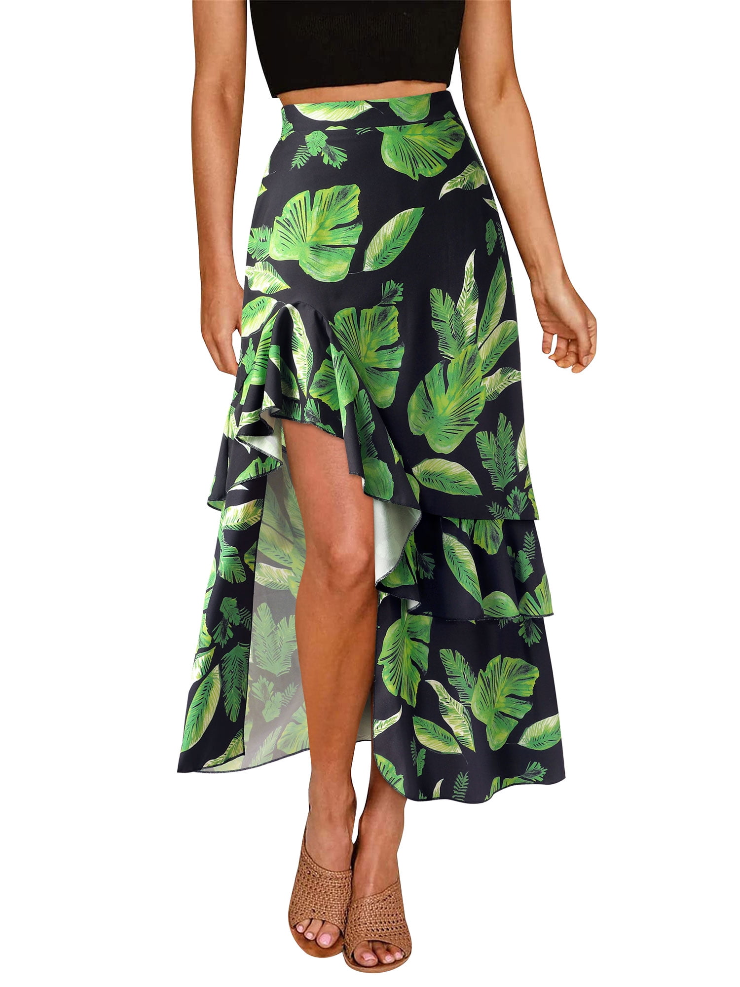 Nlife Women Hawaiian Tropical Floral Maxi Skirt Layered Ruffle High Slit Long Skirt with Pockets ...