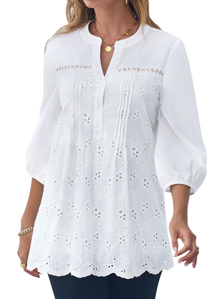 Nlife Women Lace Crochet V Neck 3 4 Sleeve Buttons Embroidery Tunic