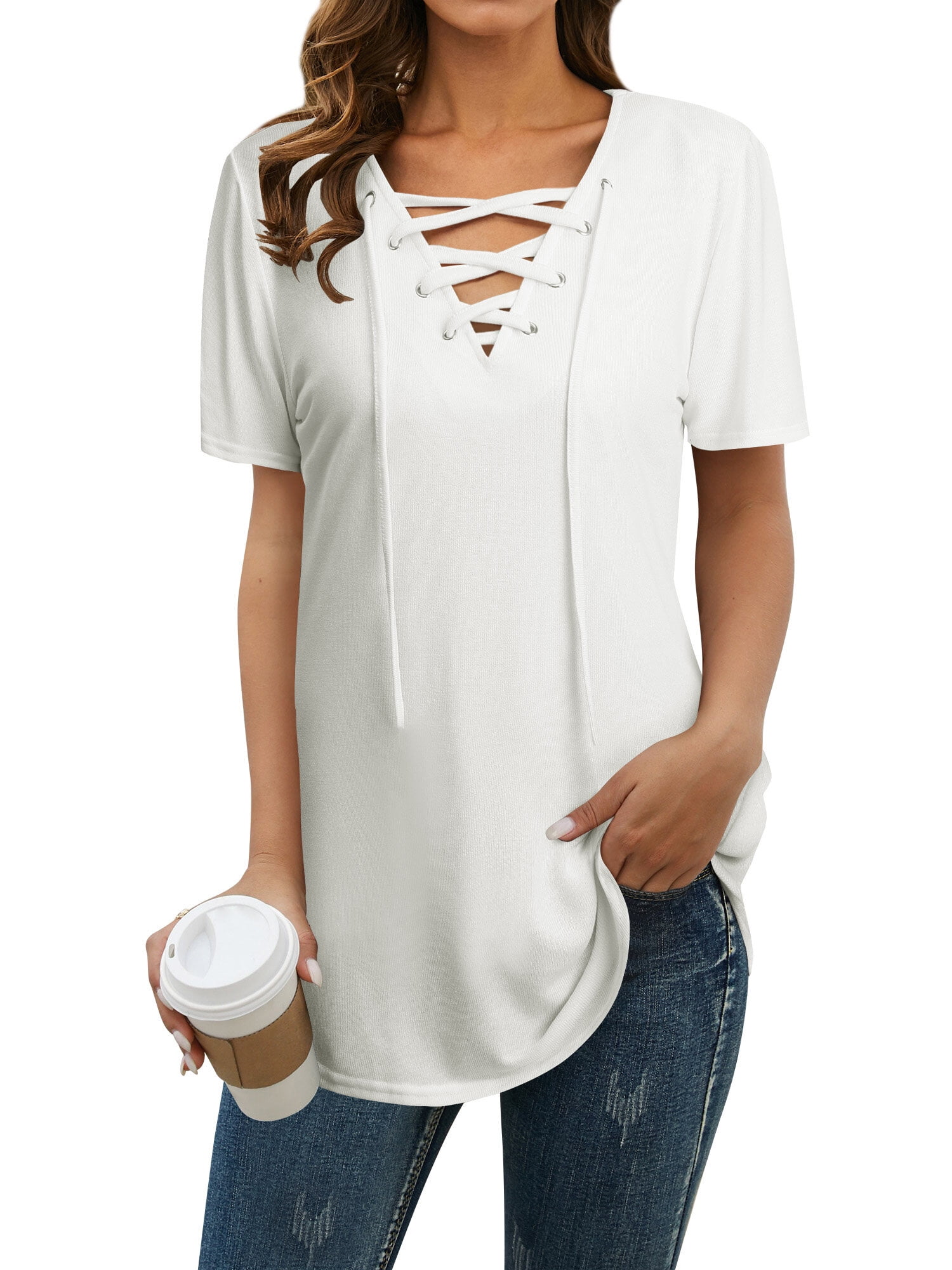 Nlife Women Lace-up Front Solid Color Short Sleeves Tunics Tops ...