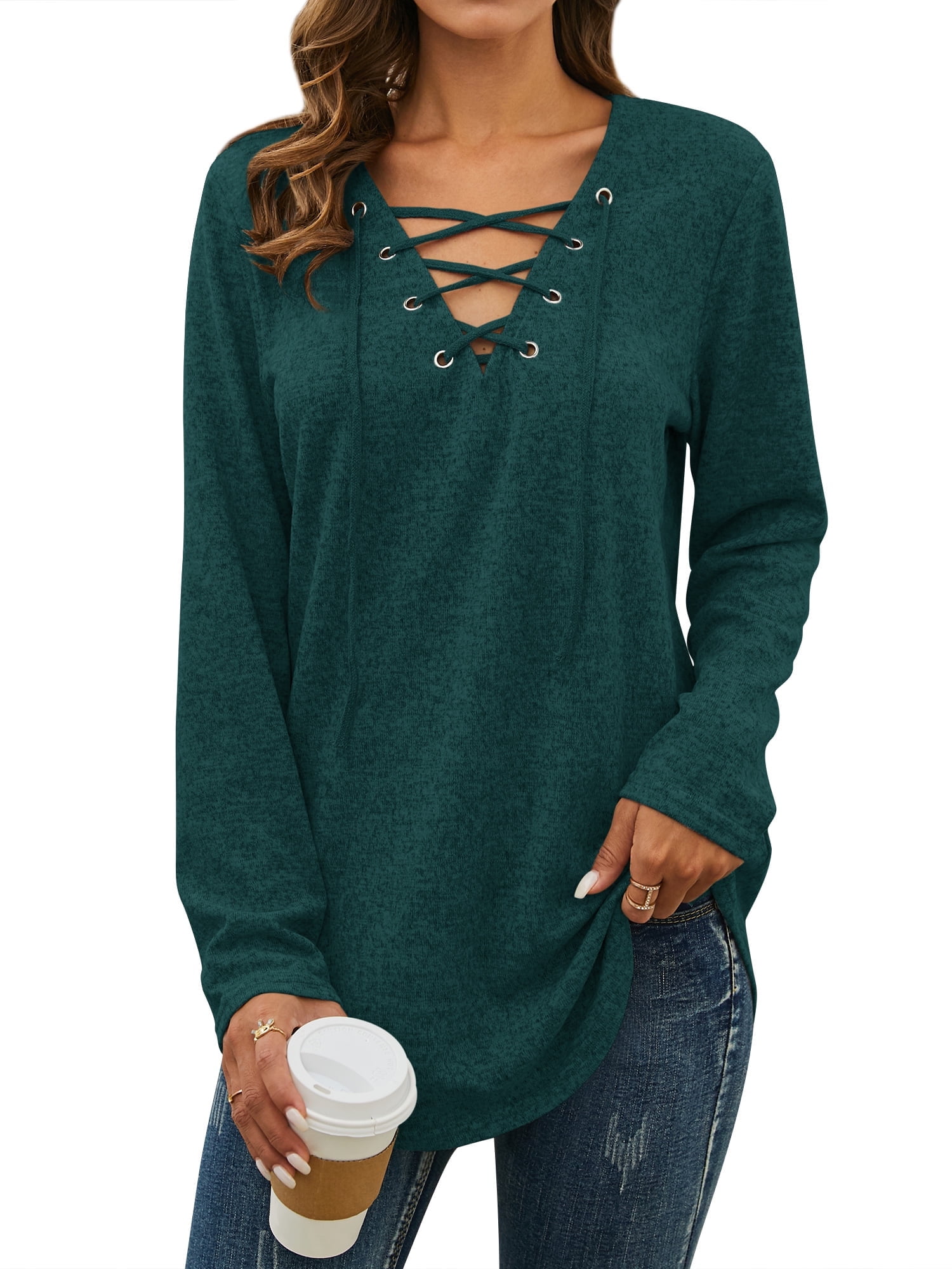 Nlife Women Long Sleeve Top Criss Cross V Neck Solid Blouse Tunic Top ...