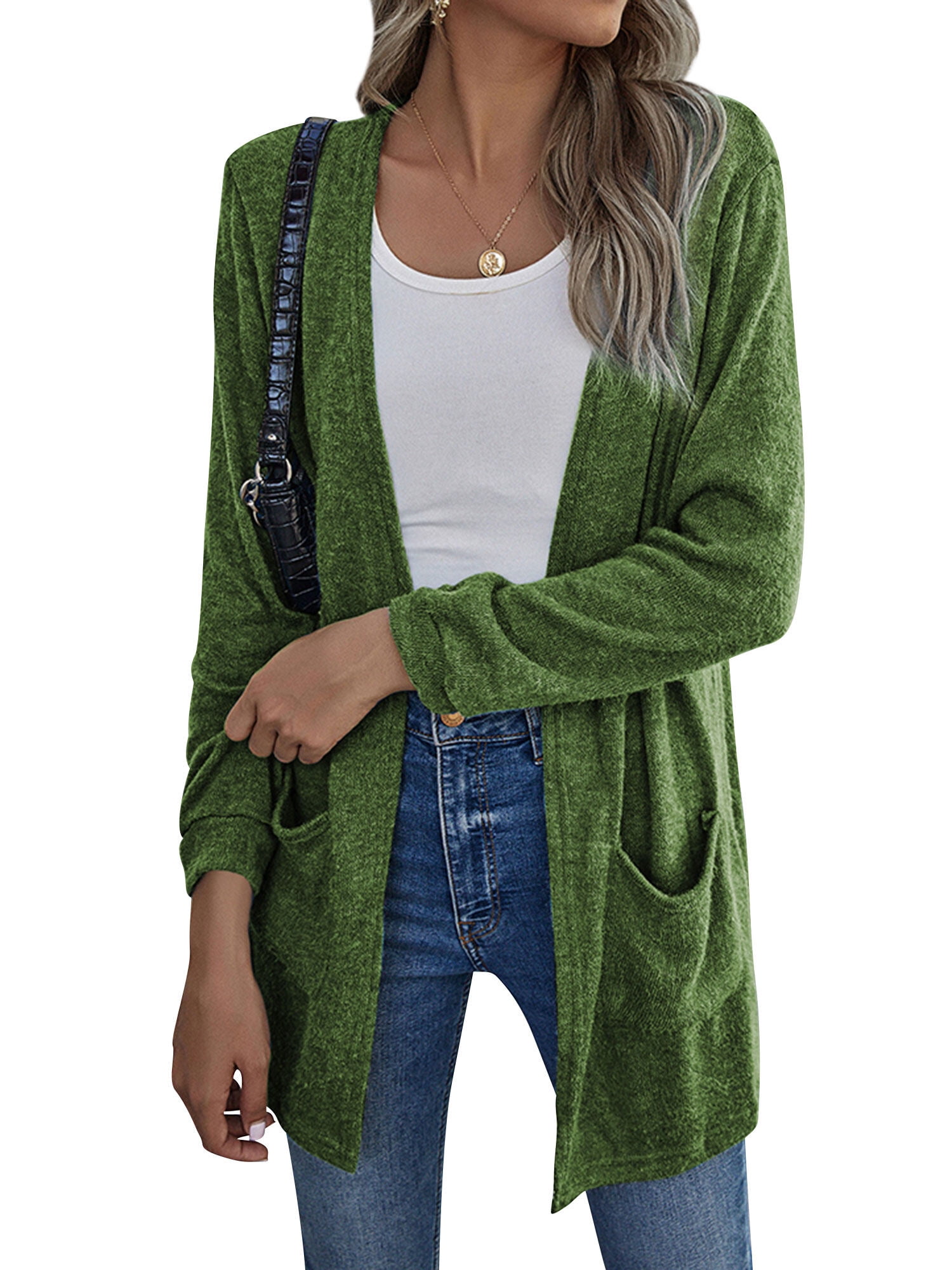 Nlife Women Open Front Long Sleeve Front Pockets Mid-Length Cardigan ...
