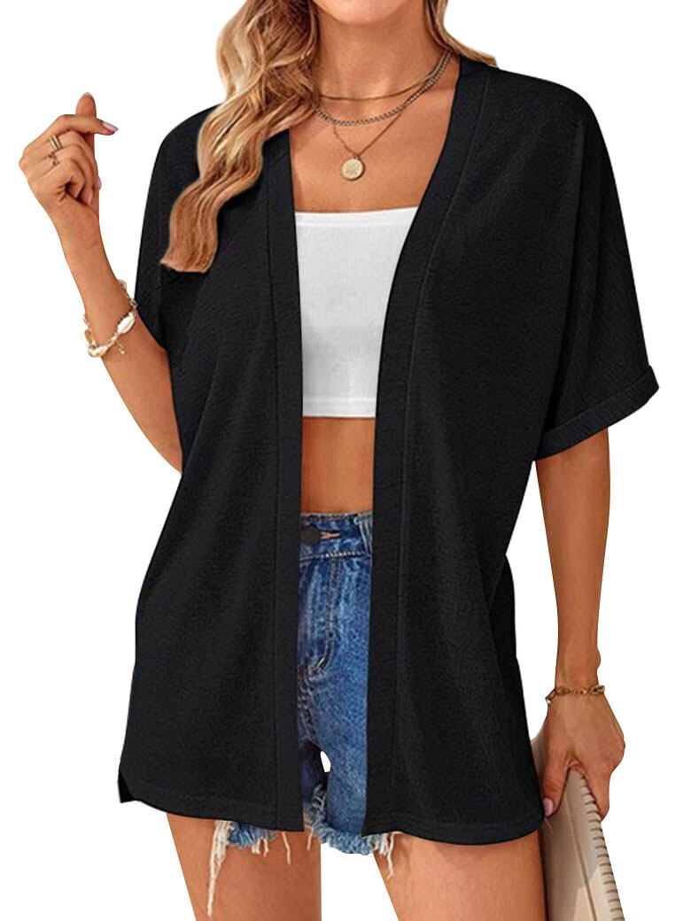Nlife Women Open Front Rolled Short Sleeve Side Slit Hem Cardigan ...