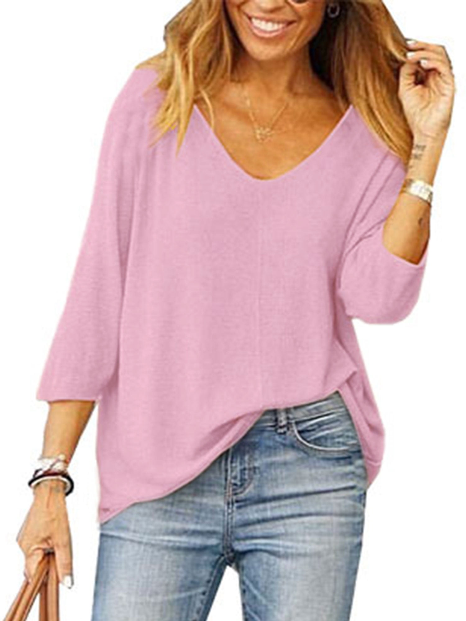 Nlife Women Round Neck 3/4 Sleeve Solid Color Tunic Top - Walmart.com