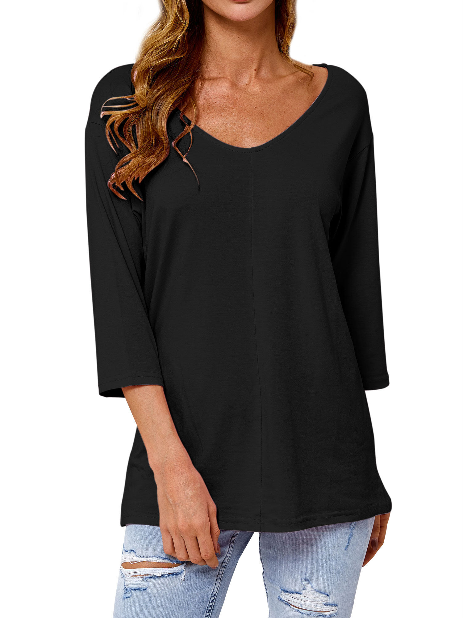 Nlife Women Round Neck 3/4 Sleeve Solid Color Tunic Top - Walmart.com