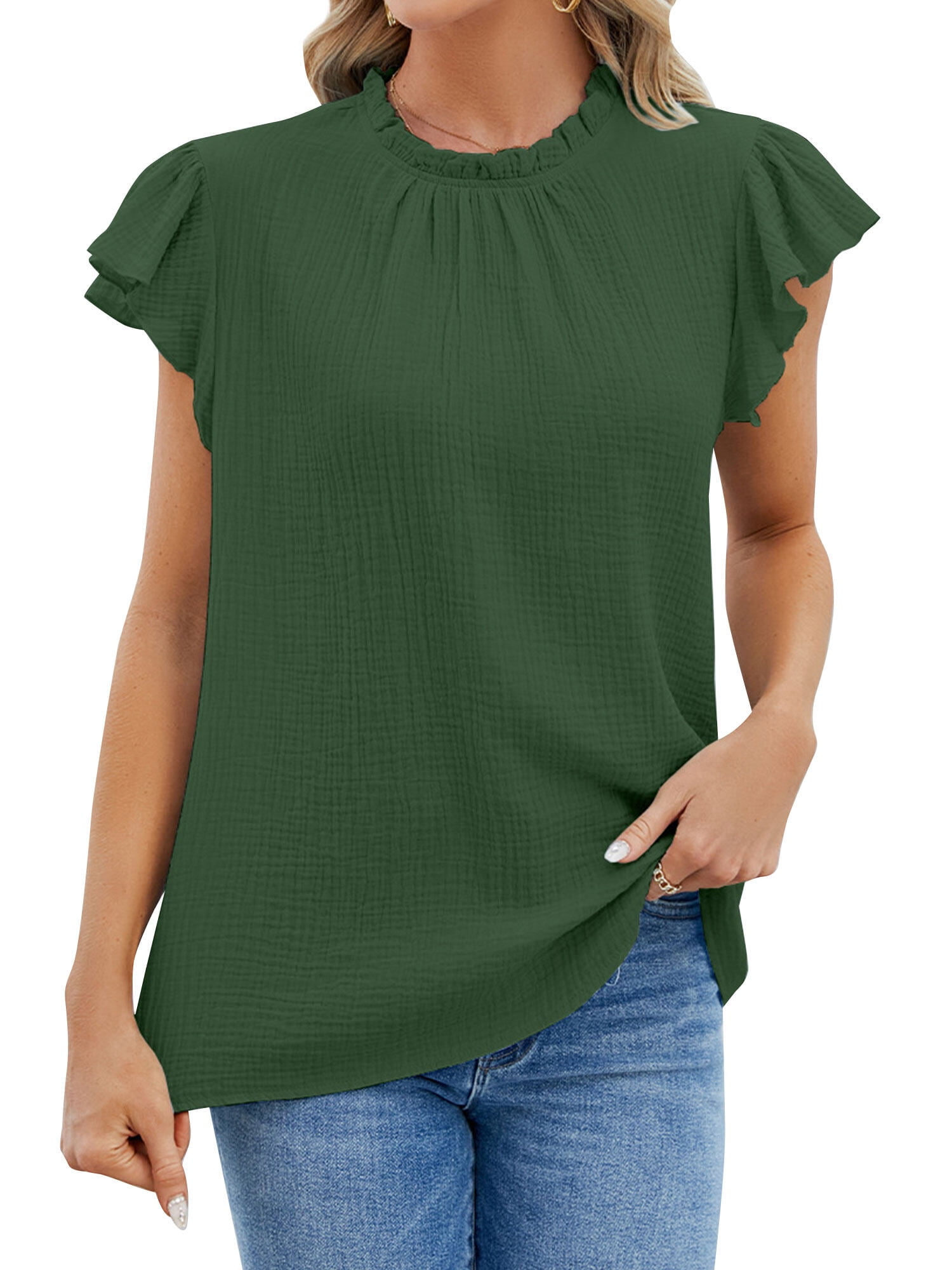 Nlife Women Ruffle Trimmed Crew Neck 1/4 Sleeve Textured T-Shirt - Walmart.com