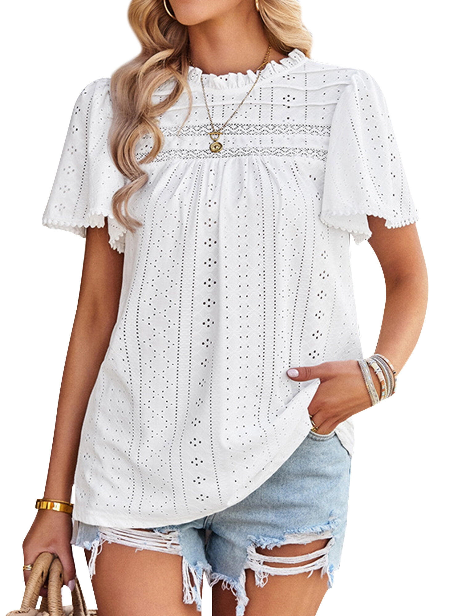 Nlife Women Ruffle Trimmed Mock Neck Flare Sleeve Pleated Cutout Blouse - Walmart.com