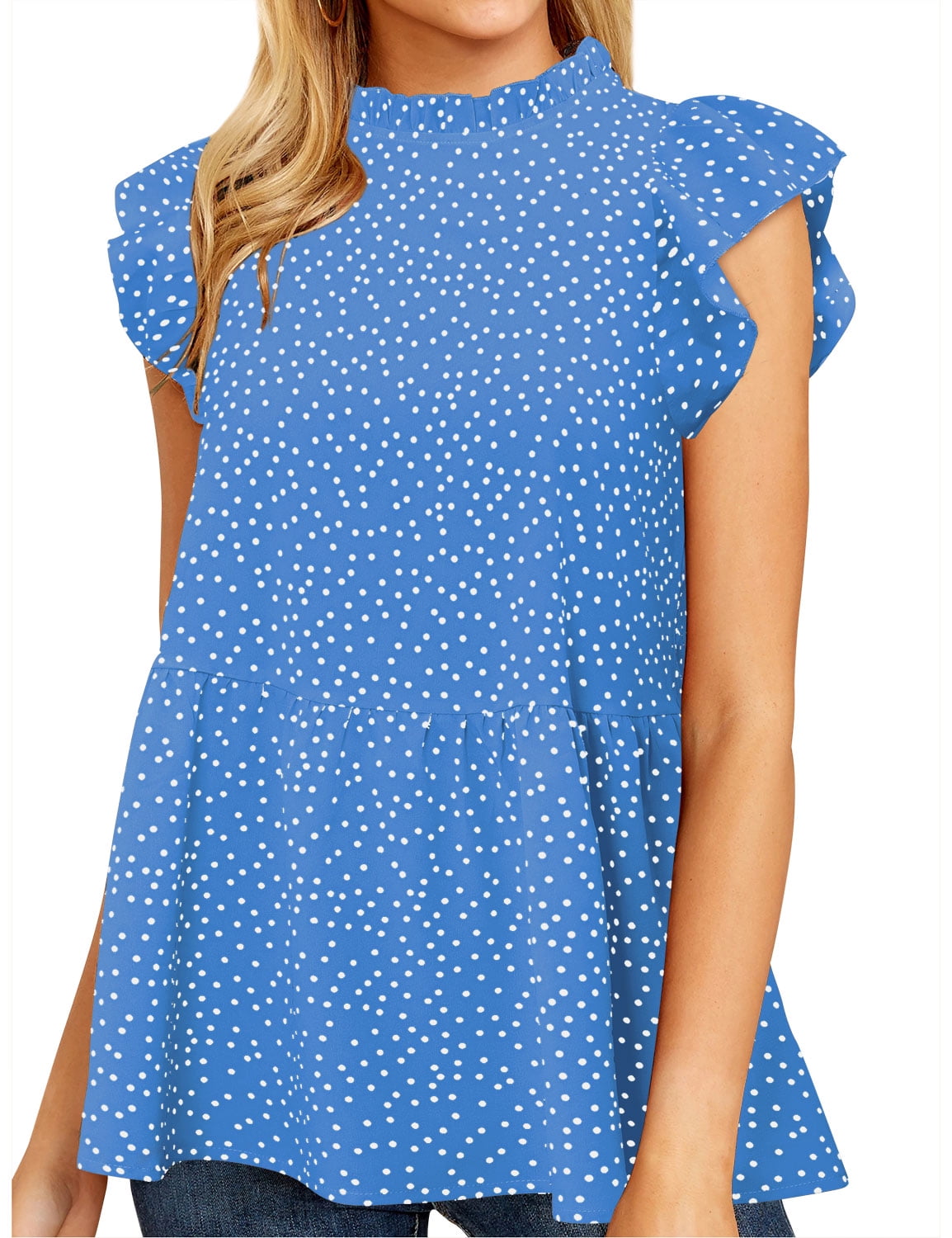 Nlife Women Ruffled Short Sleeve Button Closure Polka Dots Shirt ...