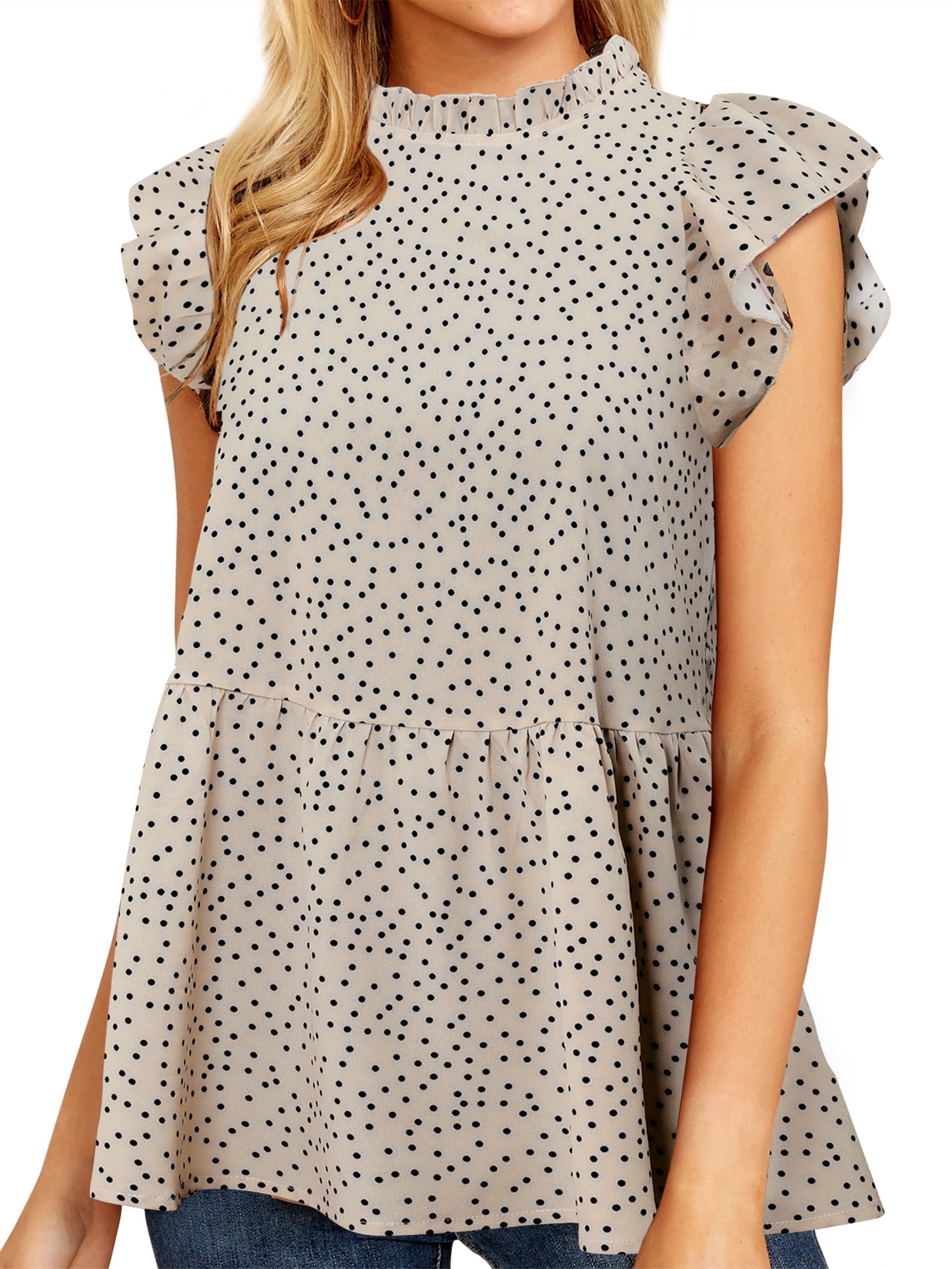Nlife Women Ruffled Short Sleeve Button Closure Polka Dots Shirt ...