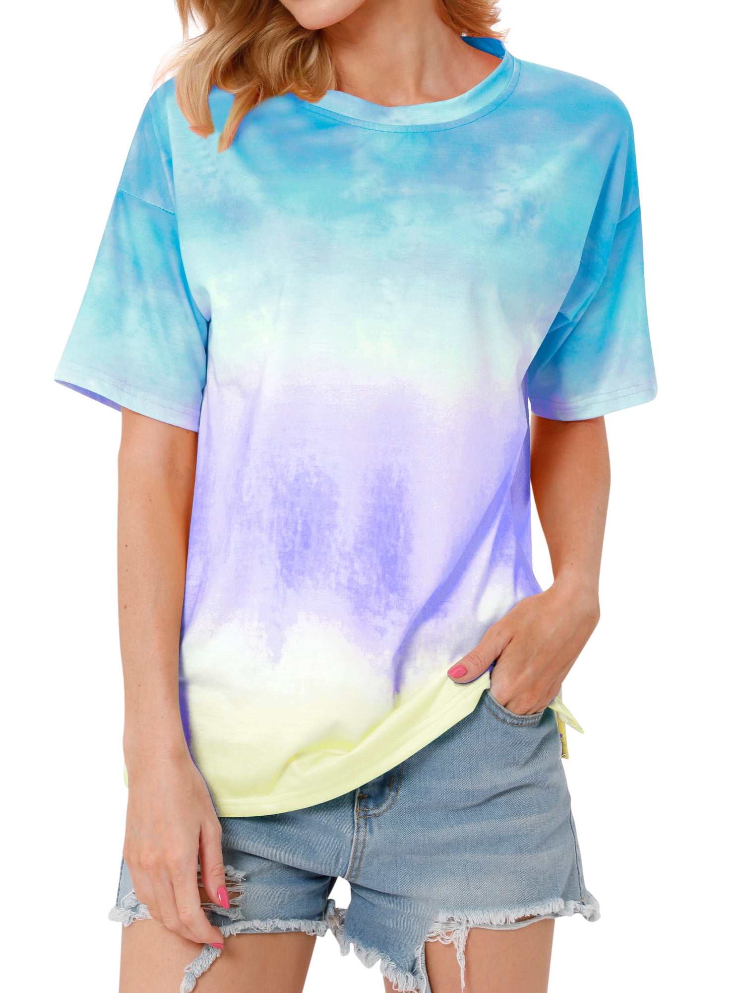 Nlife Women Short Sleeve Crew Neck Tie Dyed Shirt