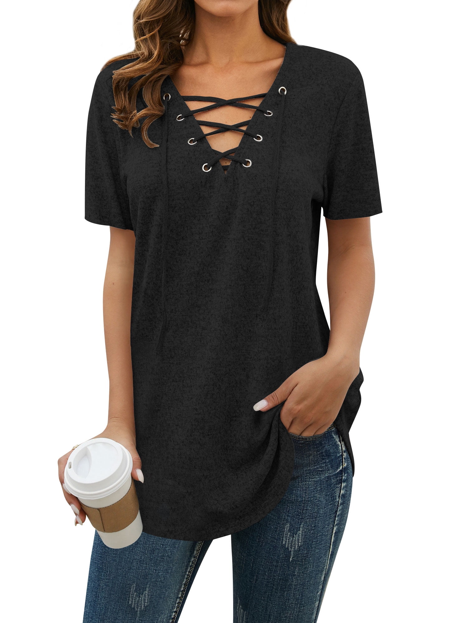 Nlife Women's Fashion Cotton Blend Short Sleeve Lace Up V Neck Top ...