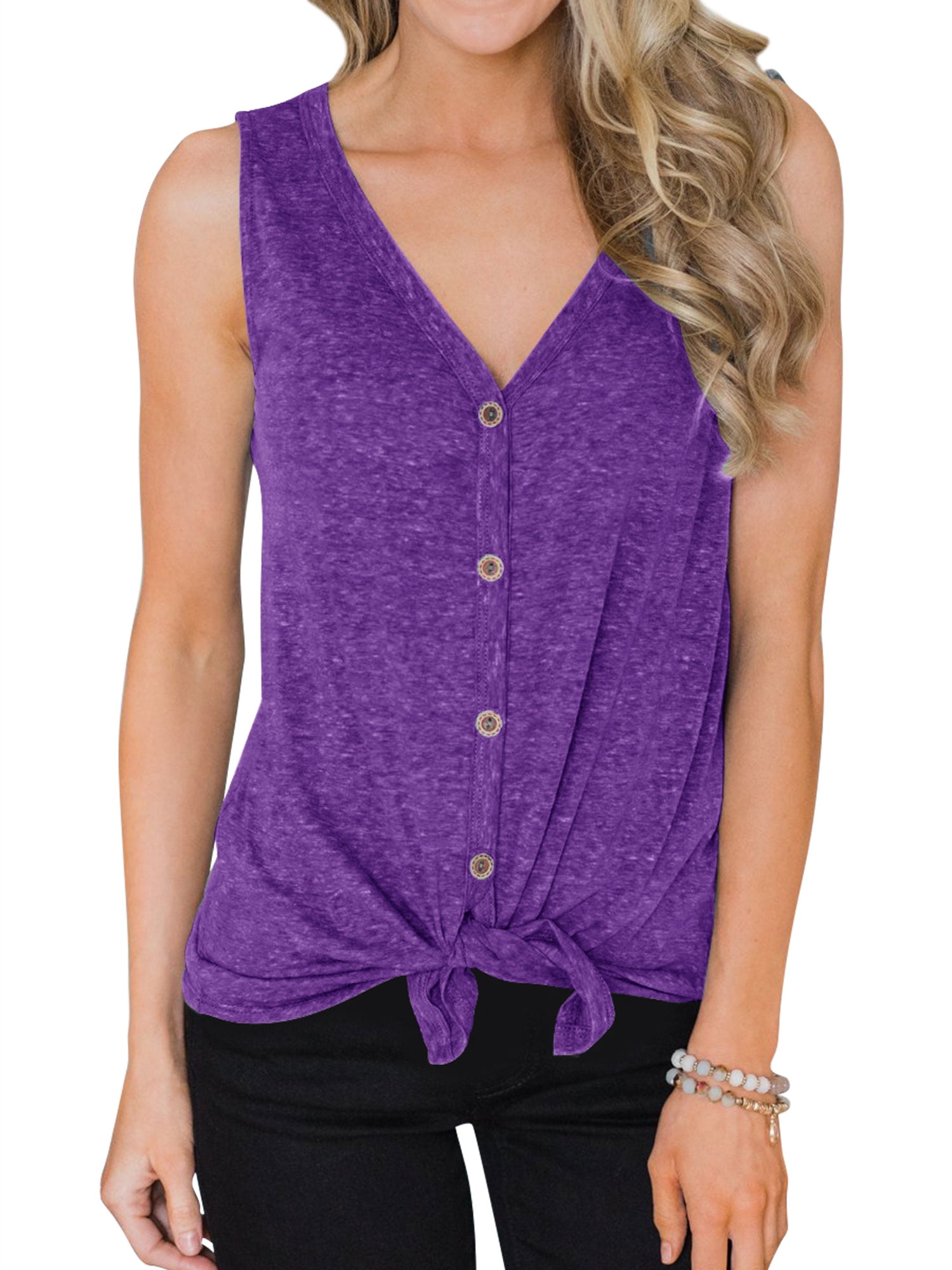 Nlife Women Sleeveless V Neck Buttons Tie Front Tank Top - Walmart.com
