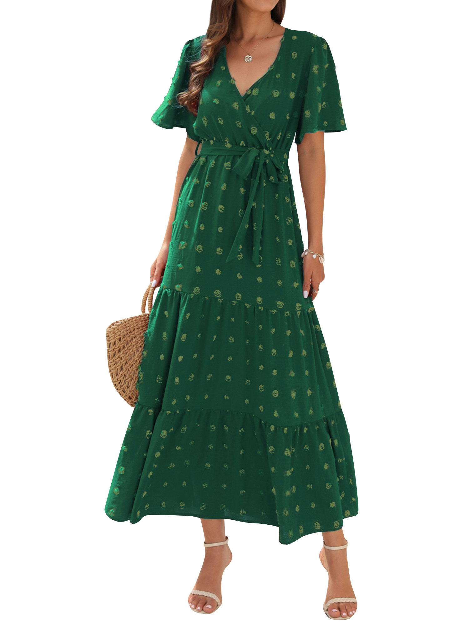 Nlife Women Swiss Dots V Neck High Waist Lace Up Flutter Sleeve Maxi Dress - Walmart.com