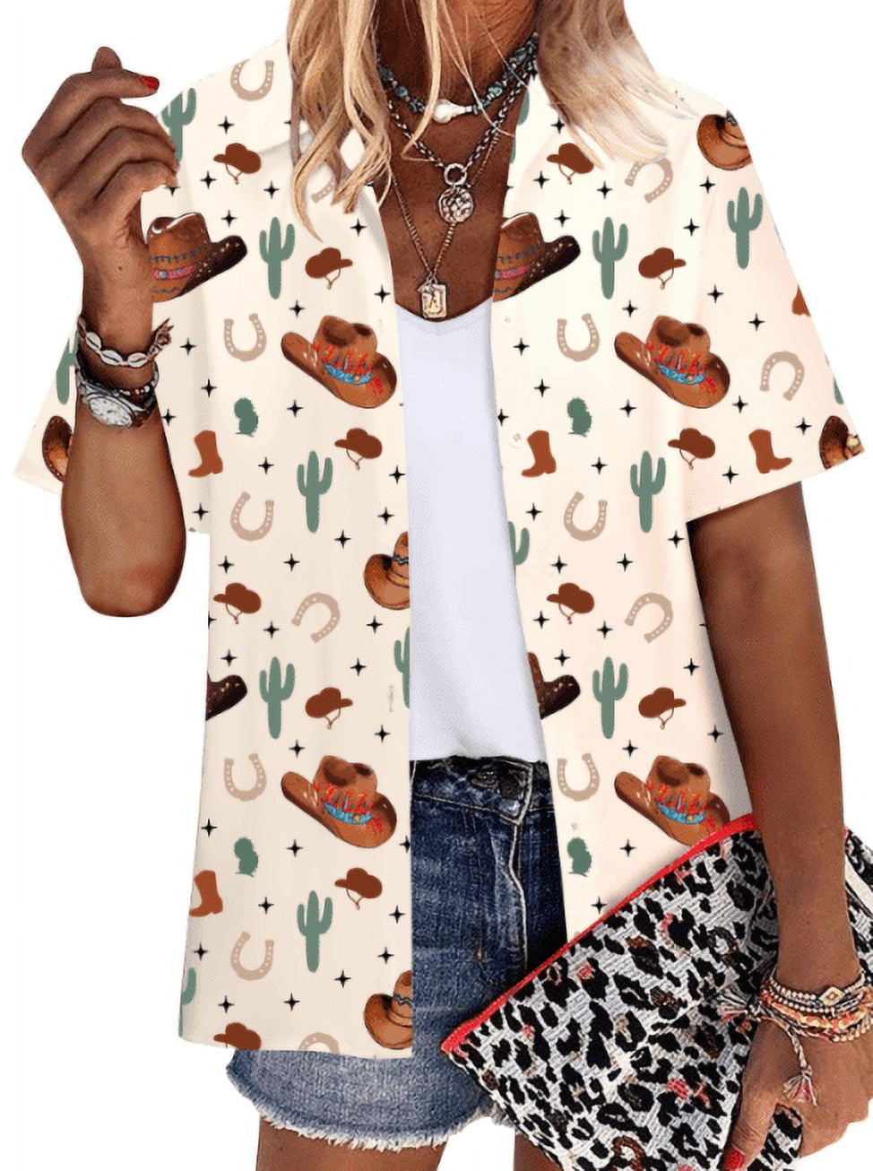 Nlife Women Western Retro Cowgirl Shirt Button Down Vintage Summer ...