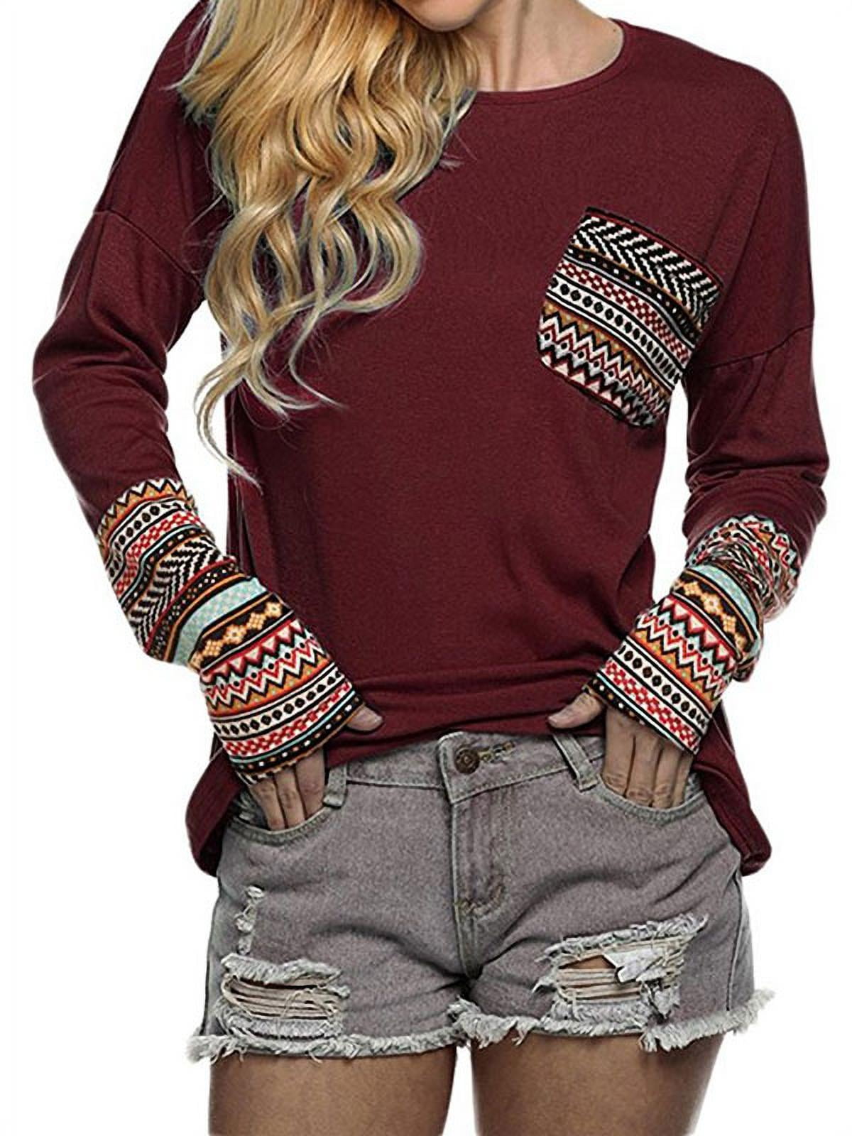 Nlife Women's Long Sleeve Round Neck Boho Print Cuff Top - Walmart.com