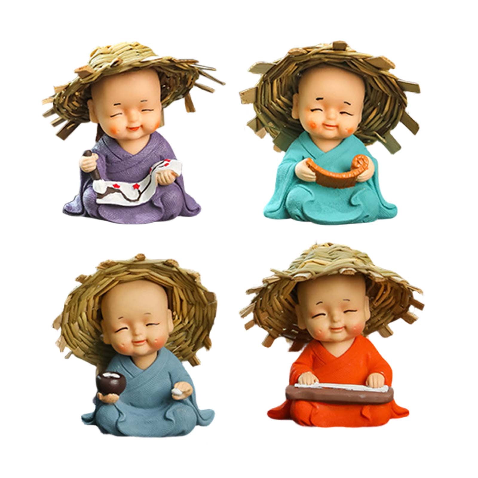 Nmdmisc 4Pcs Mini Little Monk Statue Brazilian Wood Green Plant Potted ...