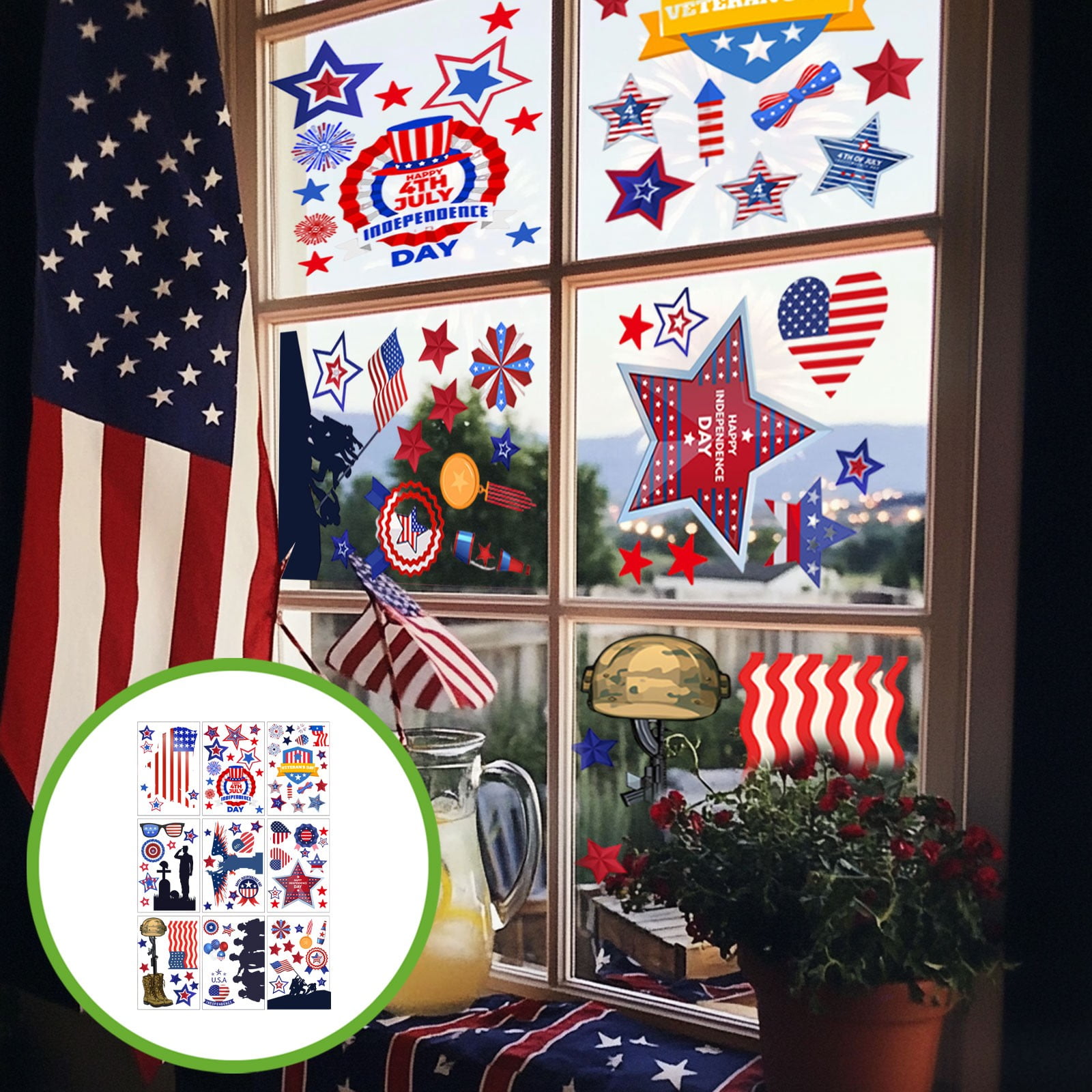 Nmdmisc 9 Sheets 4th of July Window Clings Red Blue White Star Heart ...