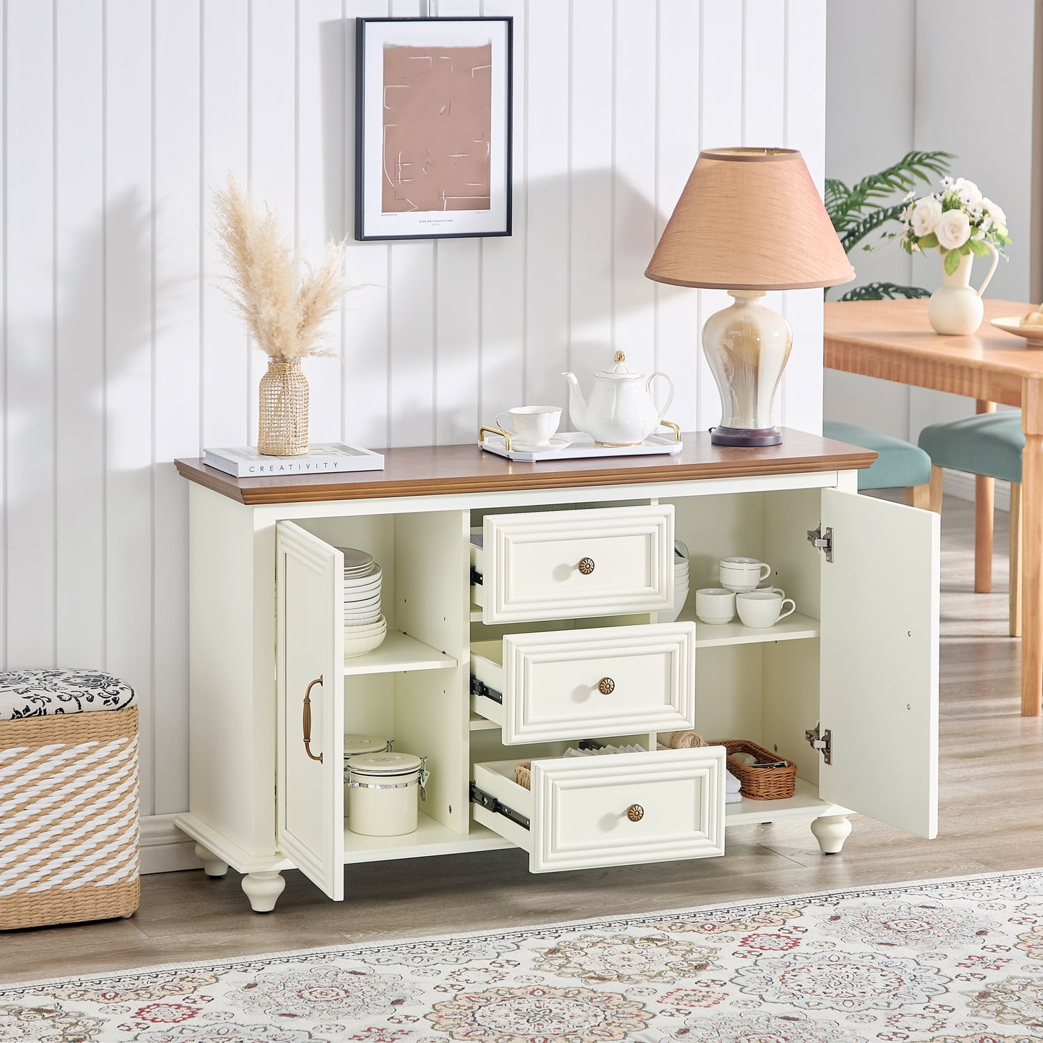 Nmkwnr 2 Doors Kitchen Buffet Cabinet with 3 Drawers, 47.3" Wood ...