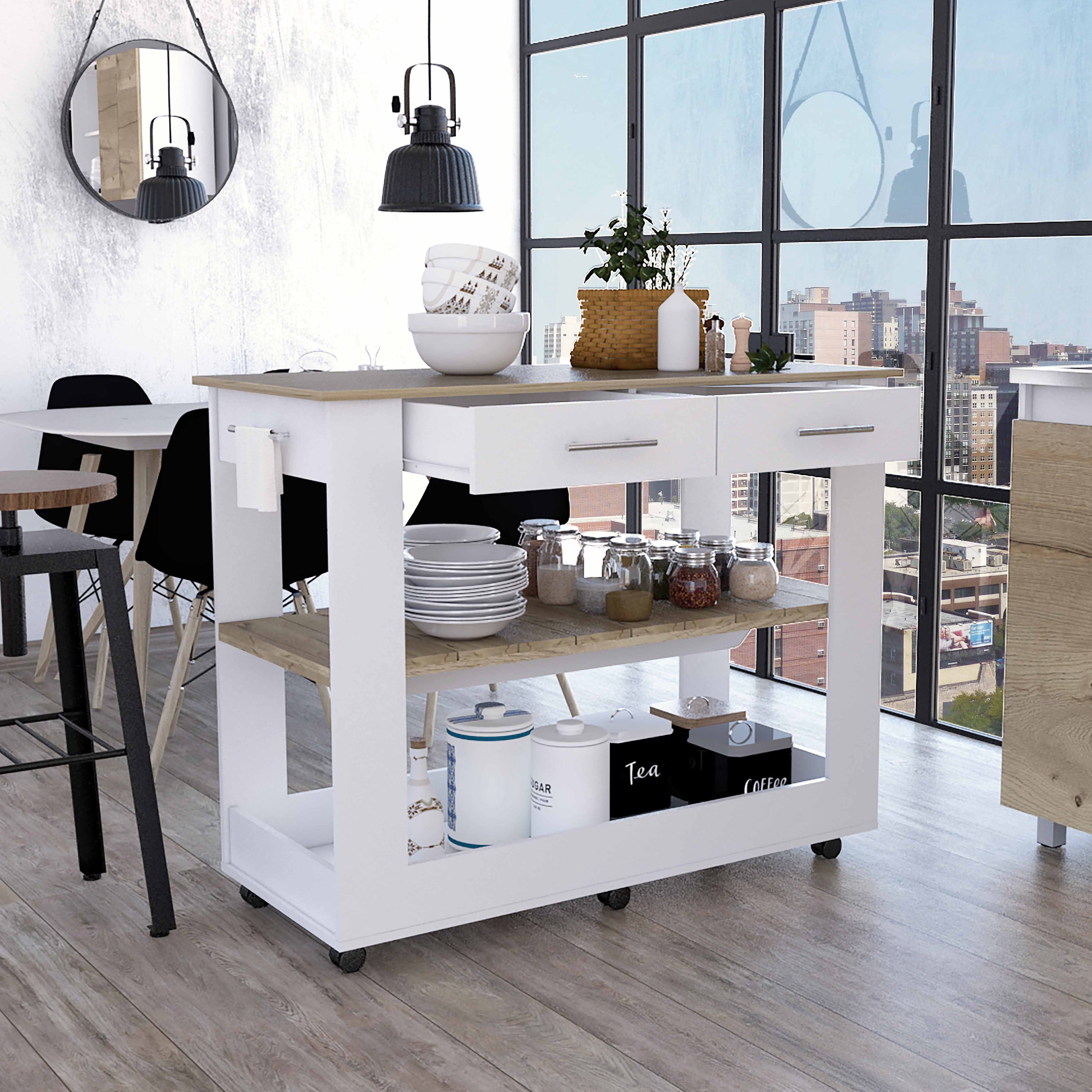 Nmkwnr 2 Drawers Kitchen Cart with 2 Shelves and Wheels, Wood Top ...