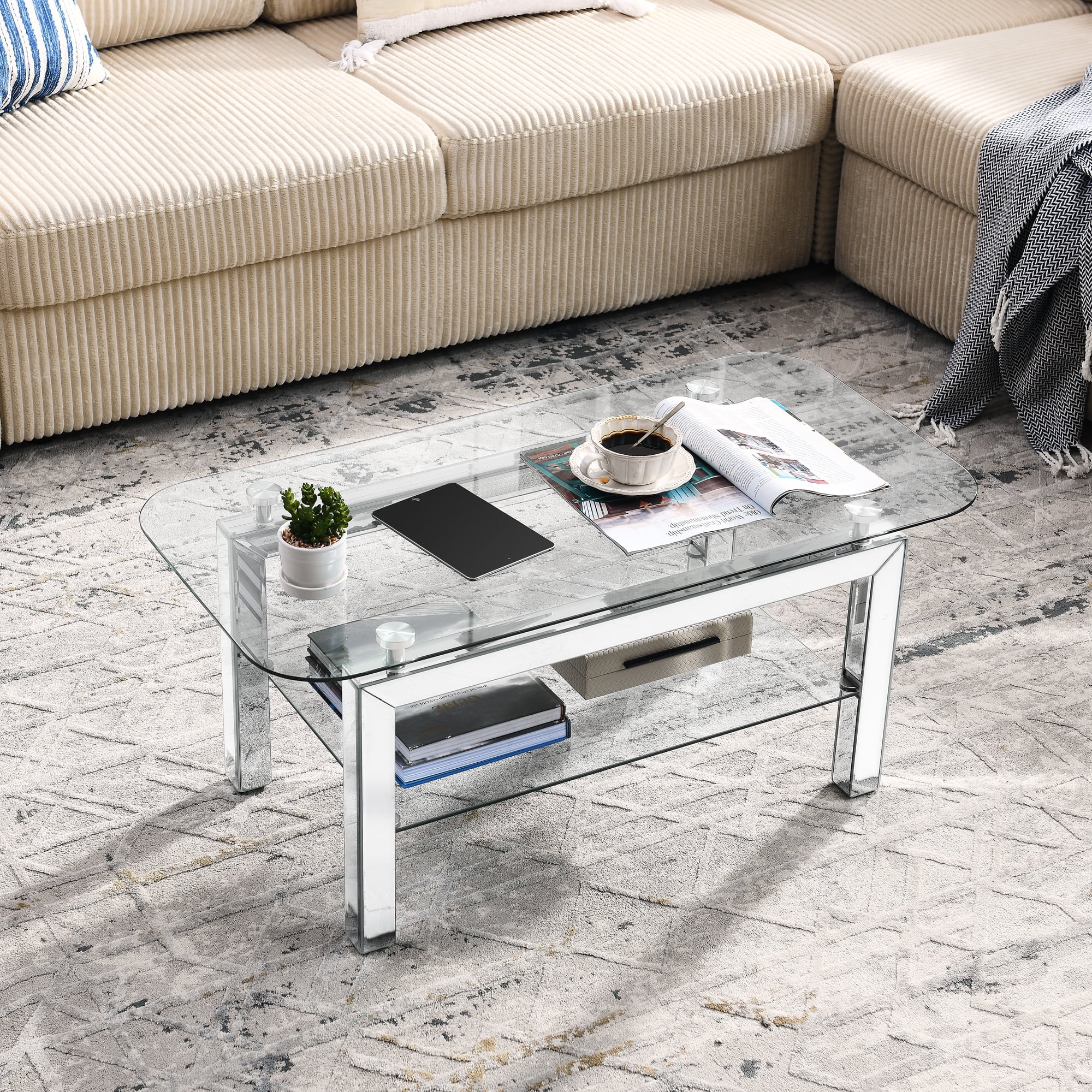 Nmkwnr 2 Tier Rectangular Coffee Table with Mirrored Stainless Leg ...