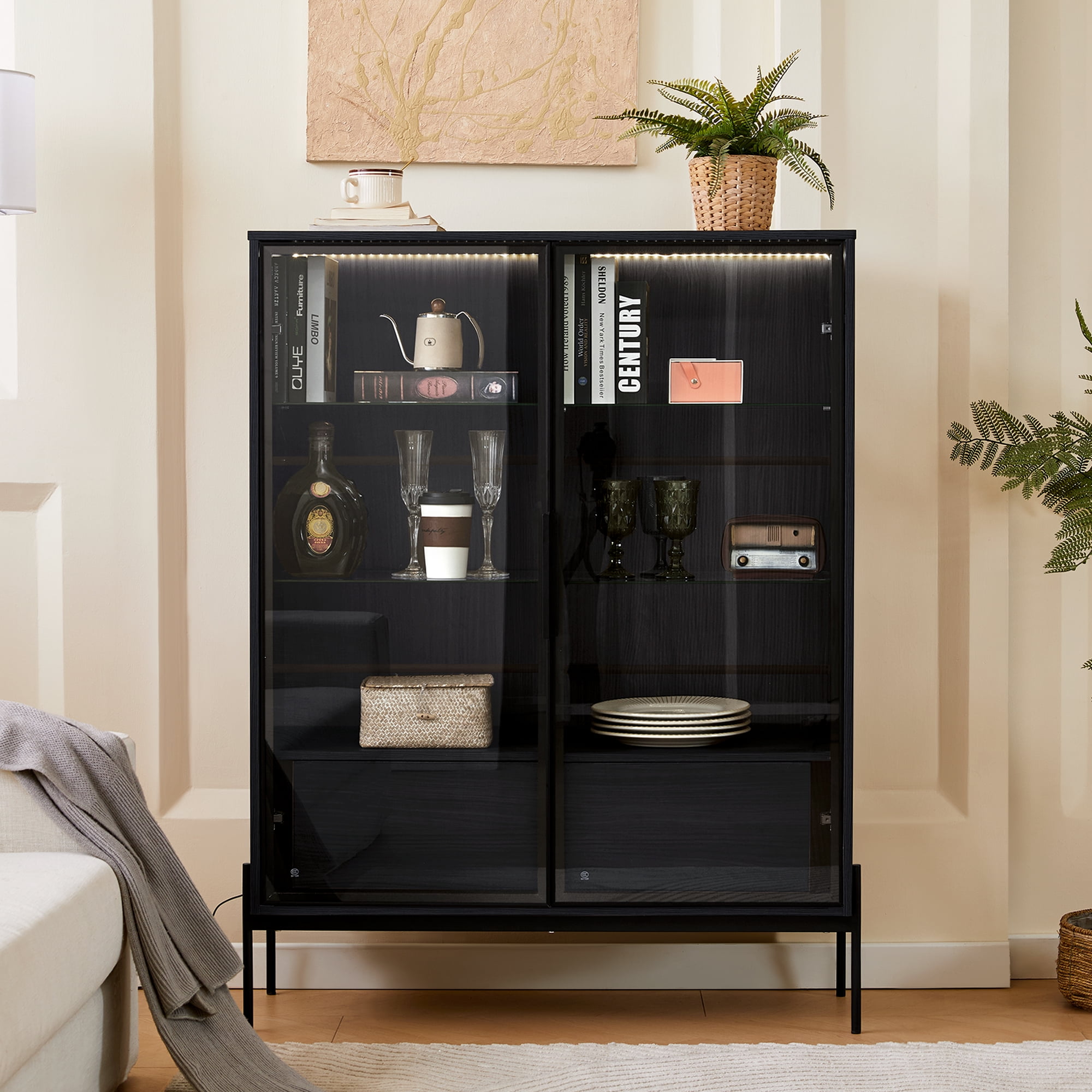 Nmkwnr 51.2" Tall Display Cabinet with Inner Shelf, 2 Tempered Glass ...