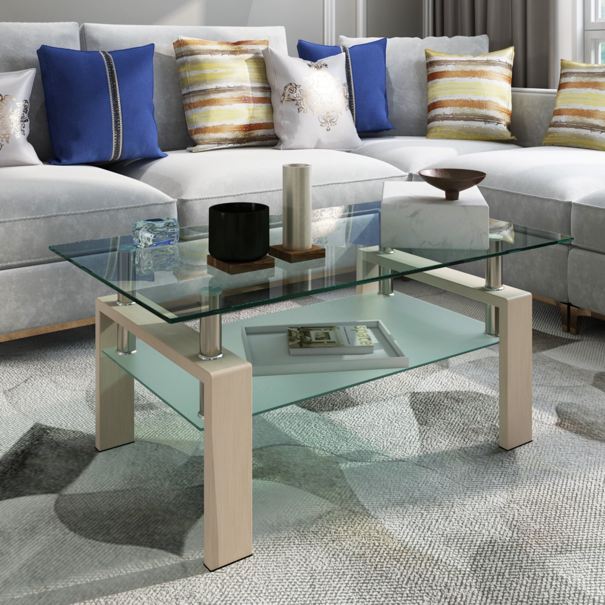 Nmkwnr Modern Rectangle Glass Coffee Table, Side Center Table for ...
