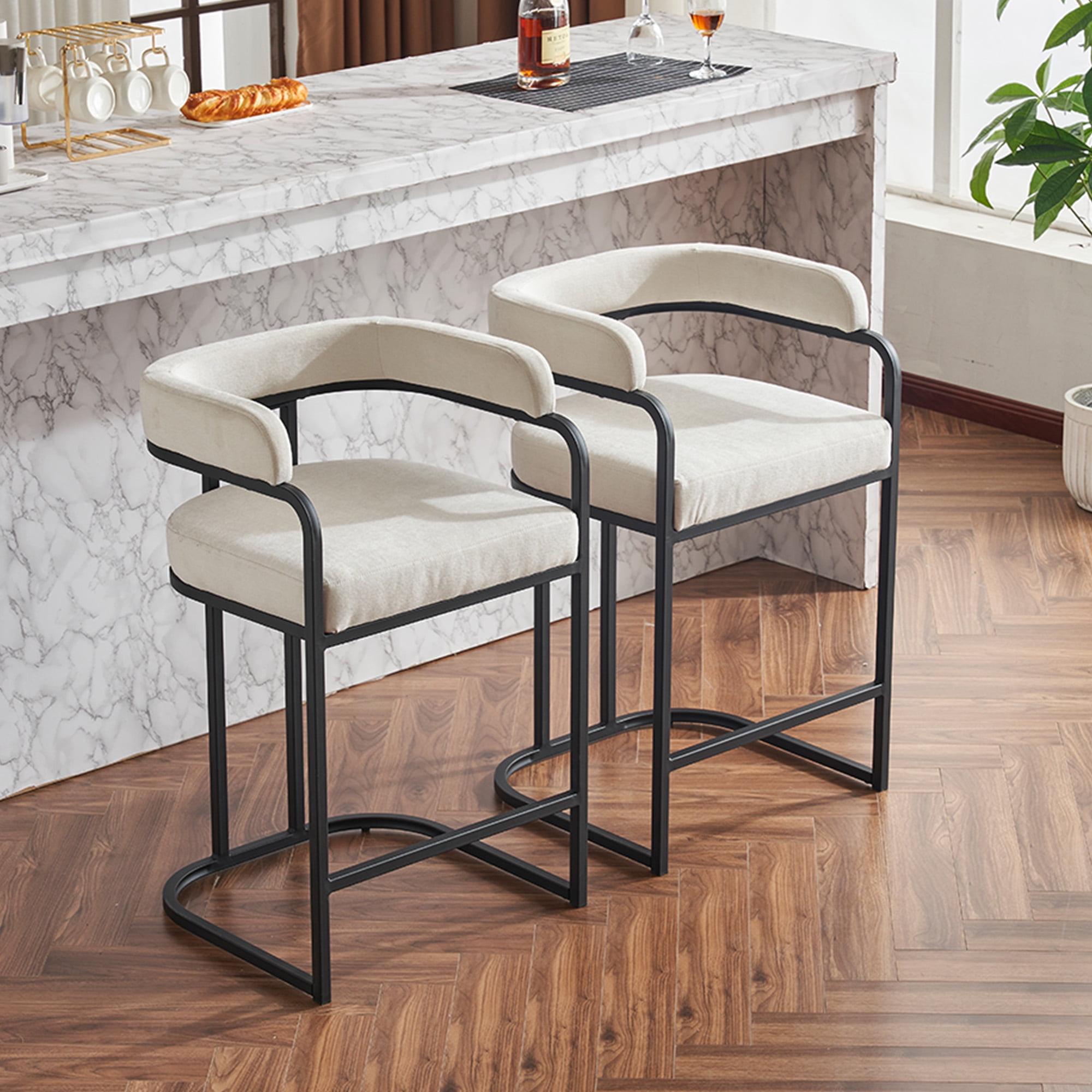 Nmkwnr Pack of 2 Upholstered Chenille Bar Stools with Metal Frame ...