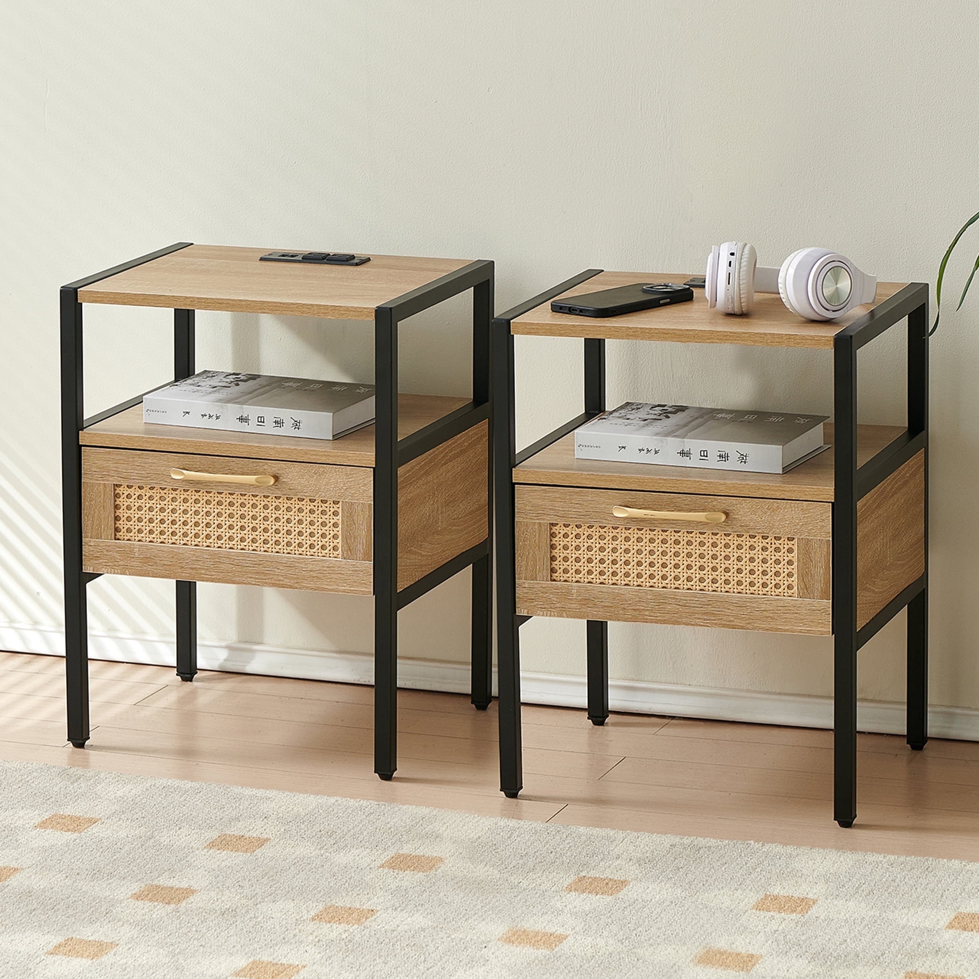 Nmkwnr Rattan End Table with Power Outlet & USB Ports, Beside Table ...