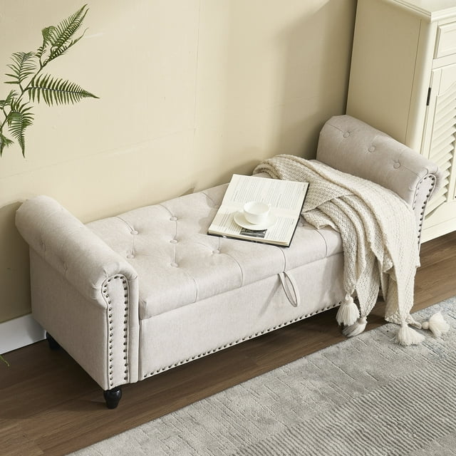 Nmkwnr Rectangle Upholstered Linen Storage Ottoman with Wood Legs, 55. ...