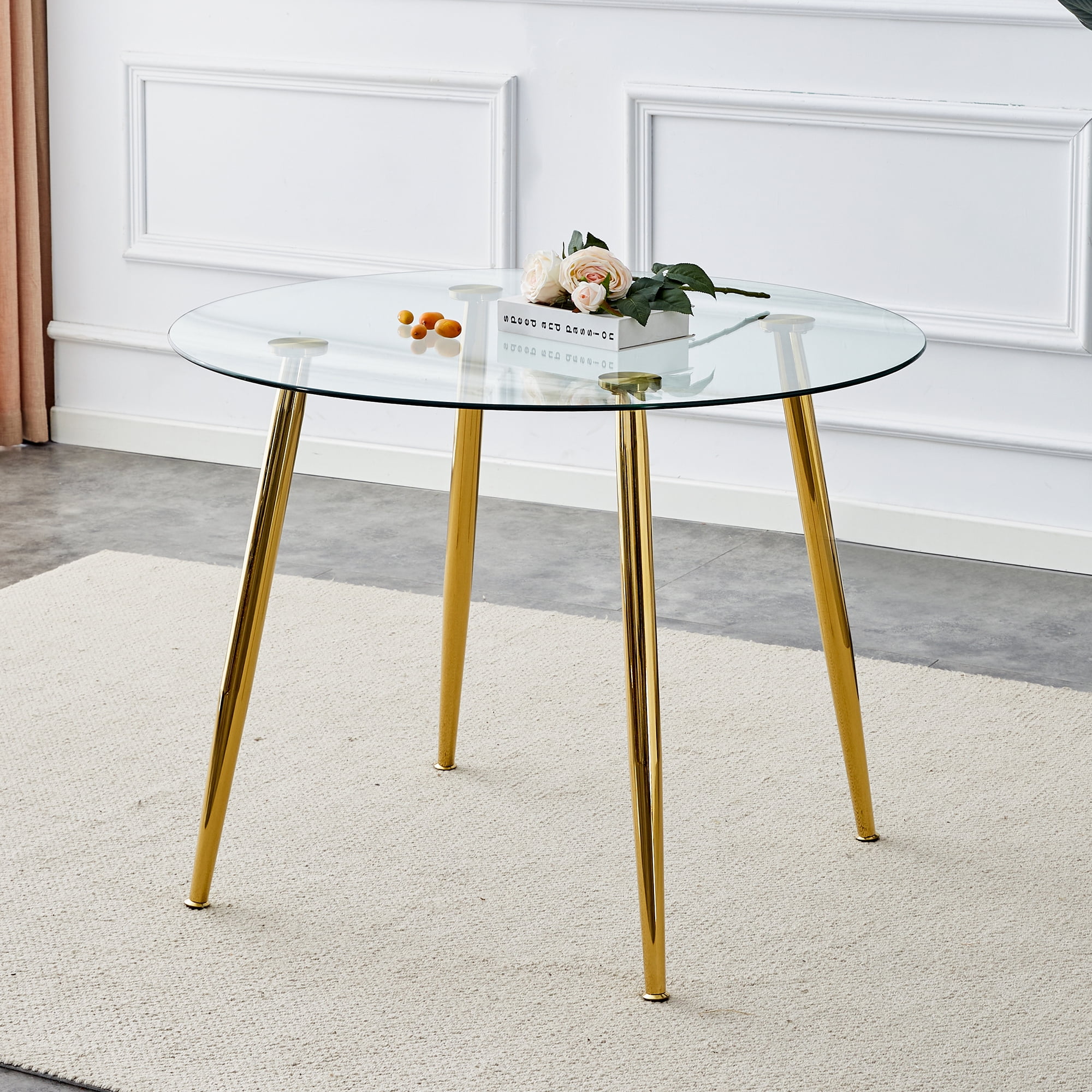 Nmkwnr Round Tempered Glass Tabletop Dining Table with Gold Metal Legs ...
