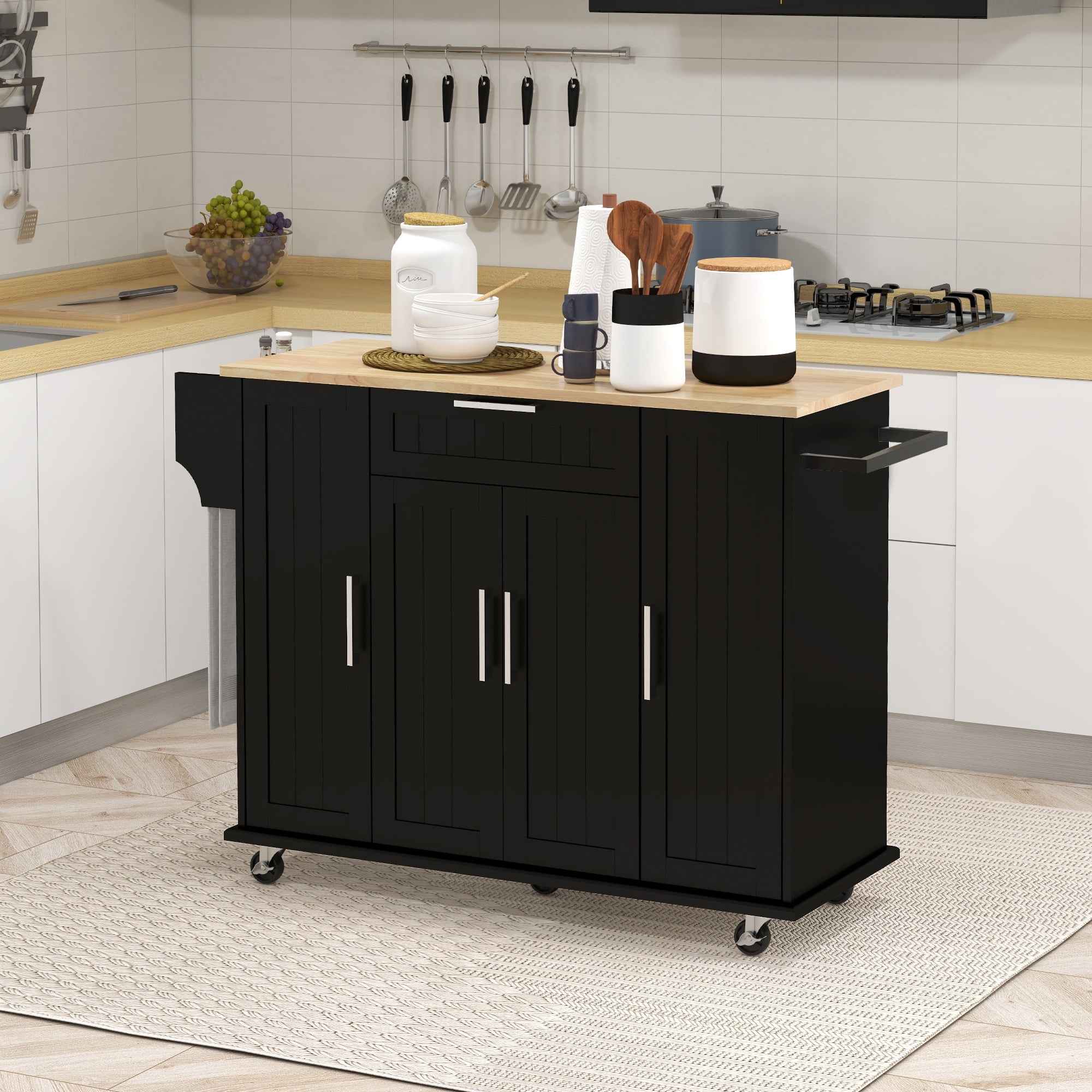 Nmkwnr Rubberwood Top Kitchen Island with Wheels and Drawer, Modern ...
