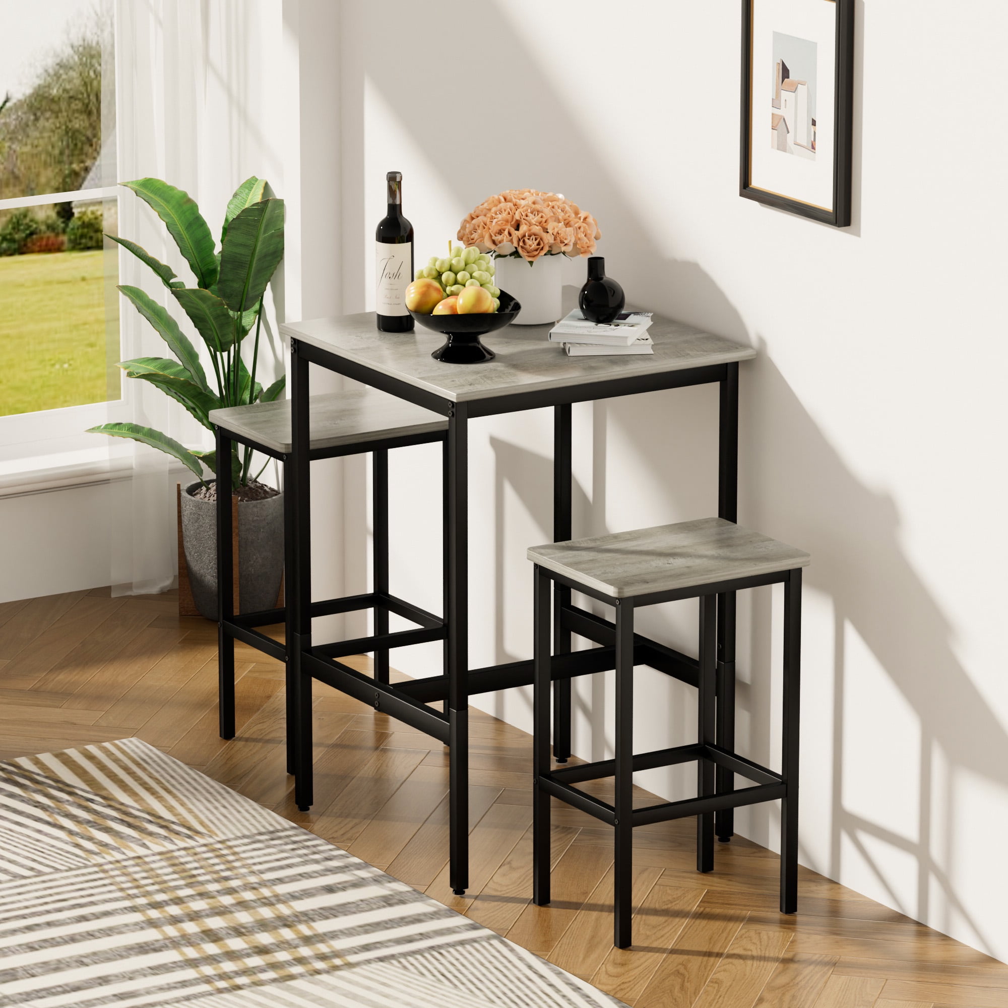 Nmkwnr Square Wood Tabletop Bar Table with 2 Bar Chair, Industrial ...