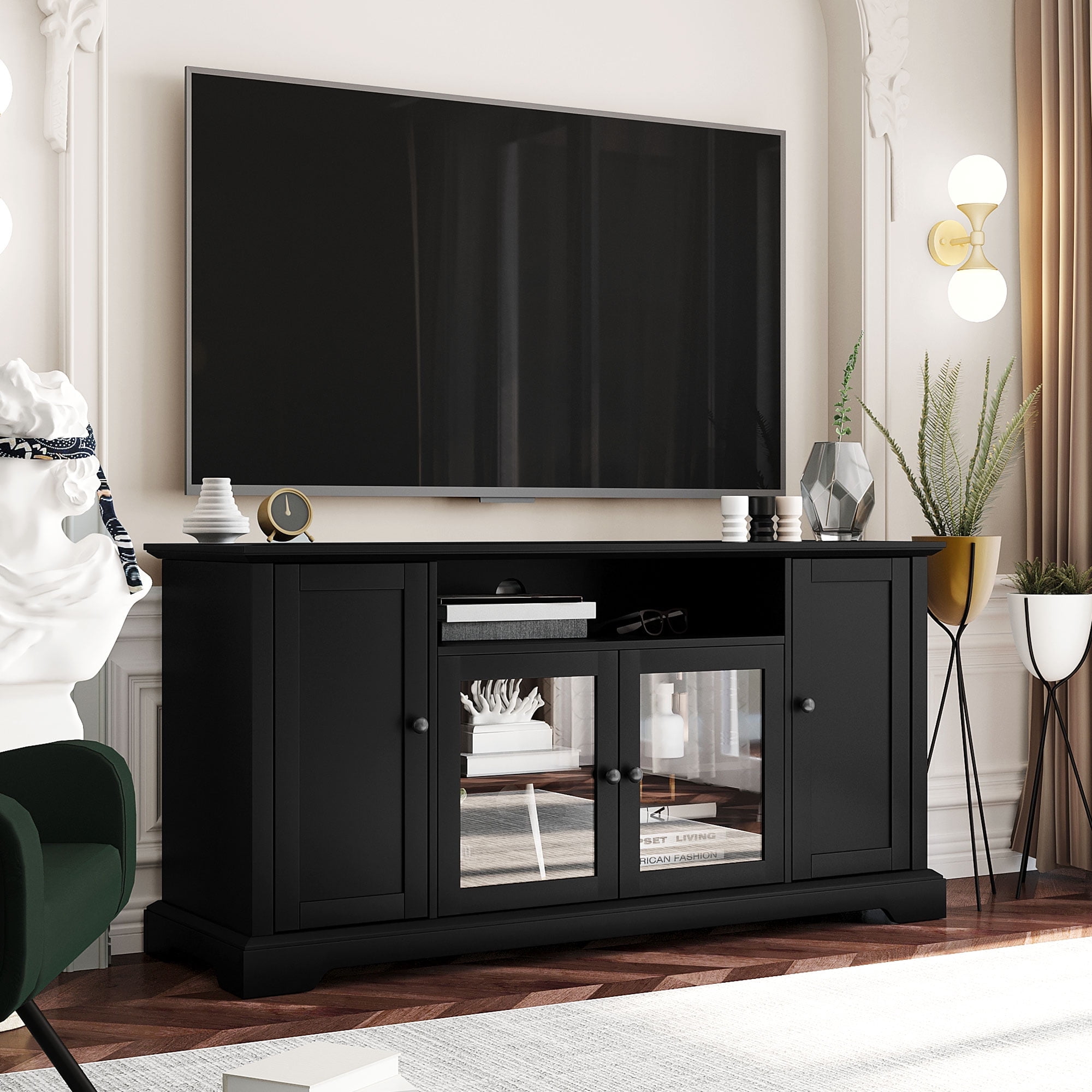 Nmkwnr TV Stand for TV up to 65in, 2 Tempered Glass Doors TV Table with ...
