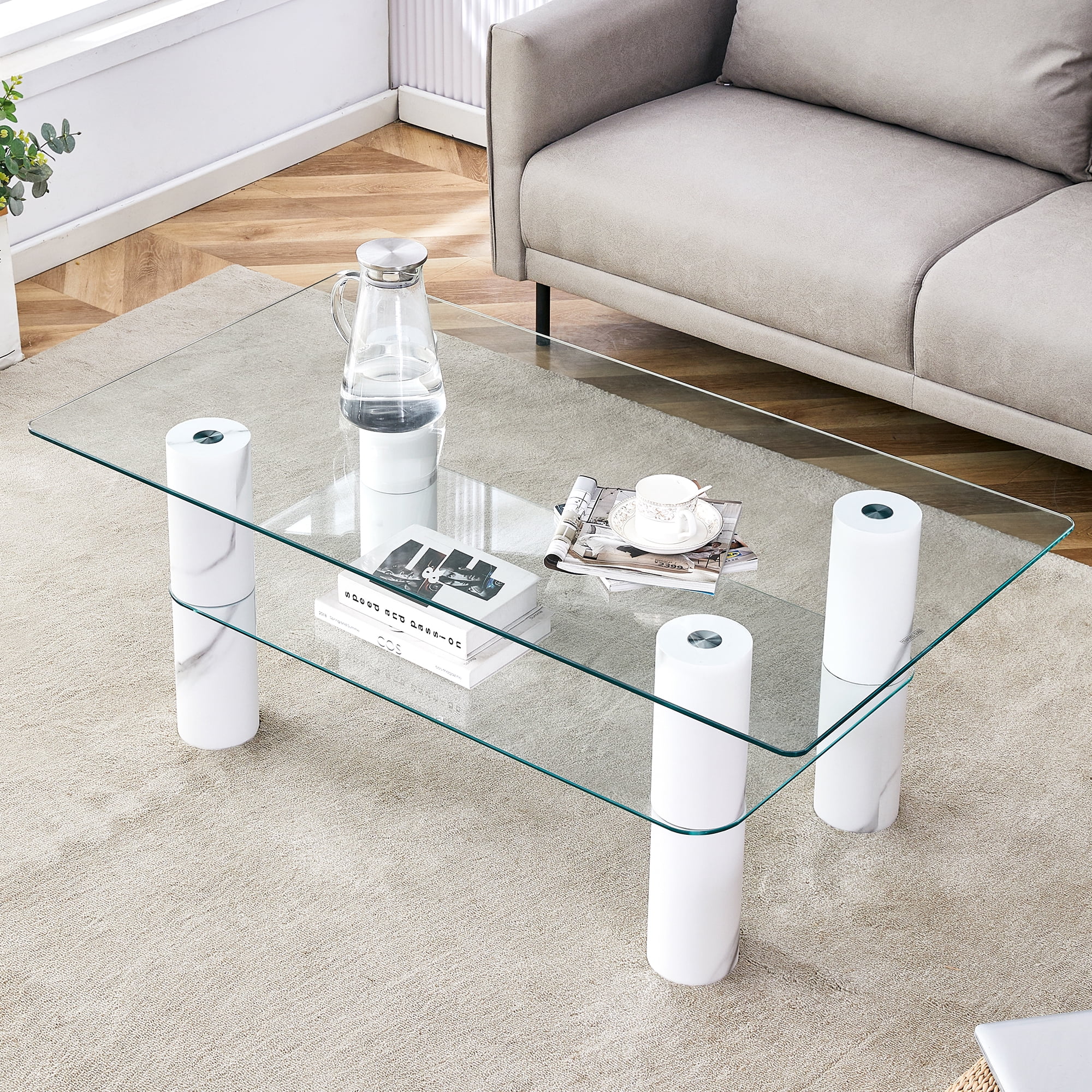 Nmkwnr Tempered Glass Tabletop Coffee Table, 2 Layered Rectangle Center ...