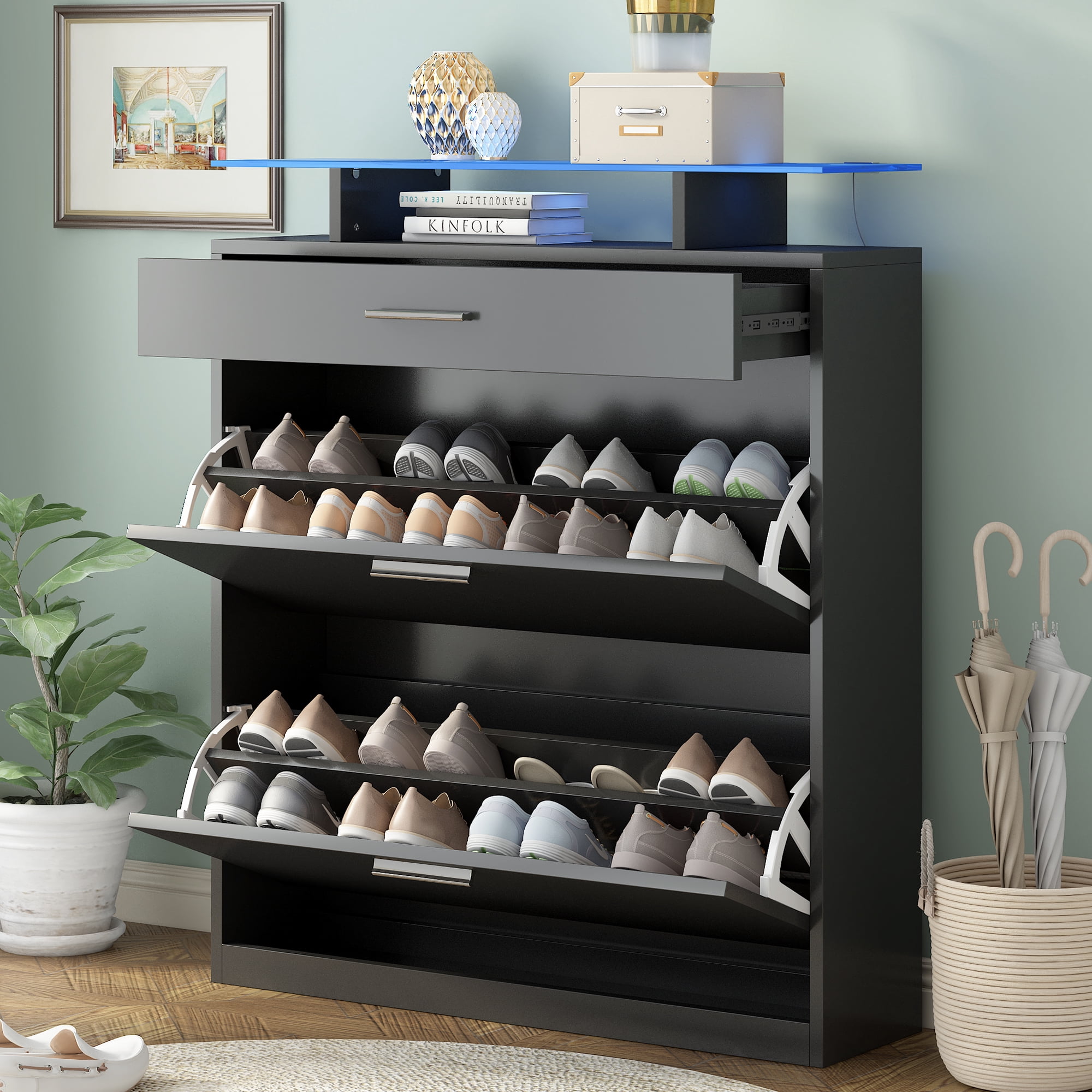 Nmkwnr Tempered Glass Top Shoe Storage Cabinet with Drawer, Perfect for ...