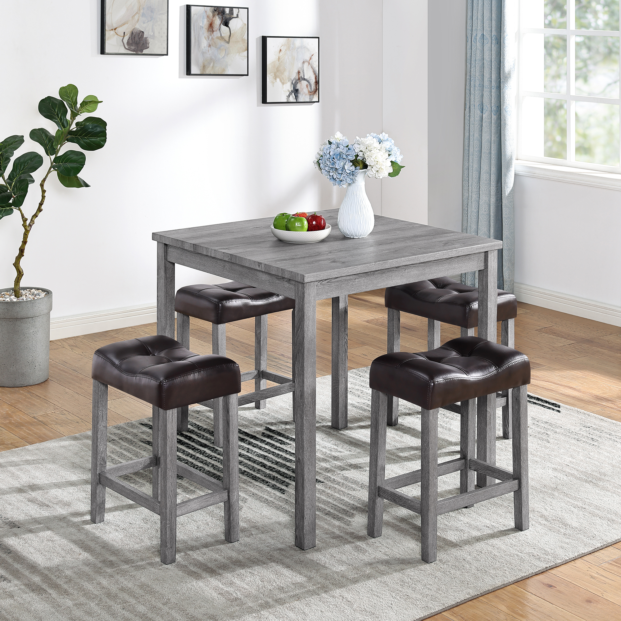 Nmkwnr Wood Square Bar Table and Chair Set, 5 Piece Dining Table Set ...