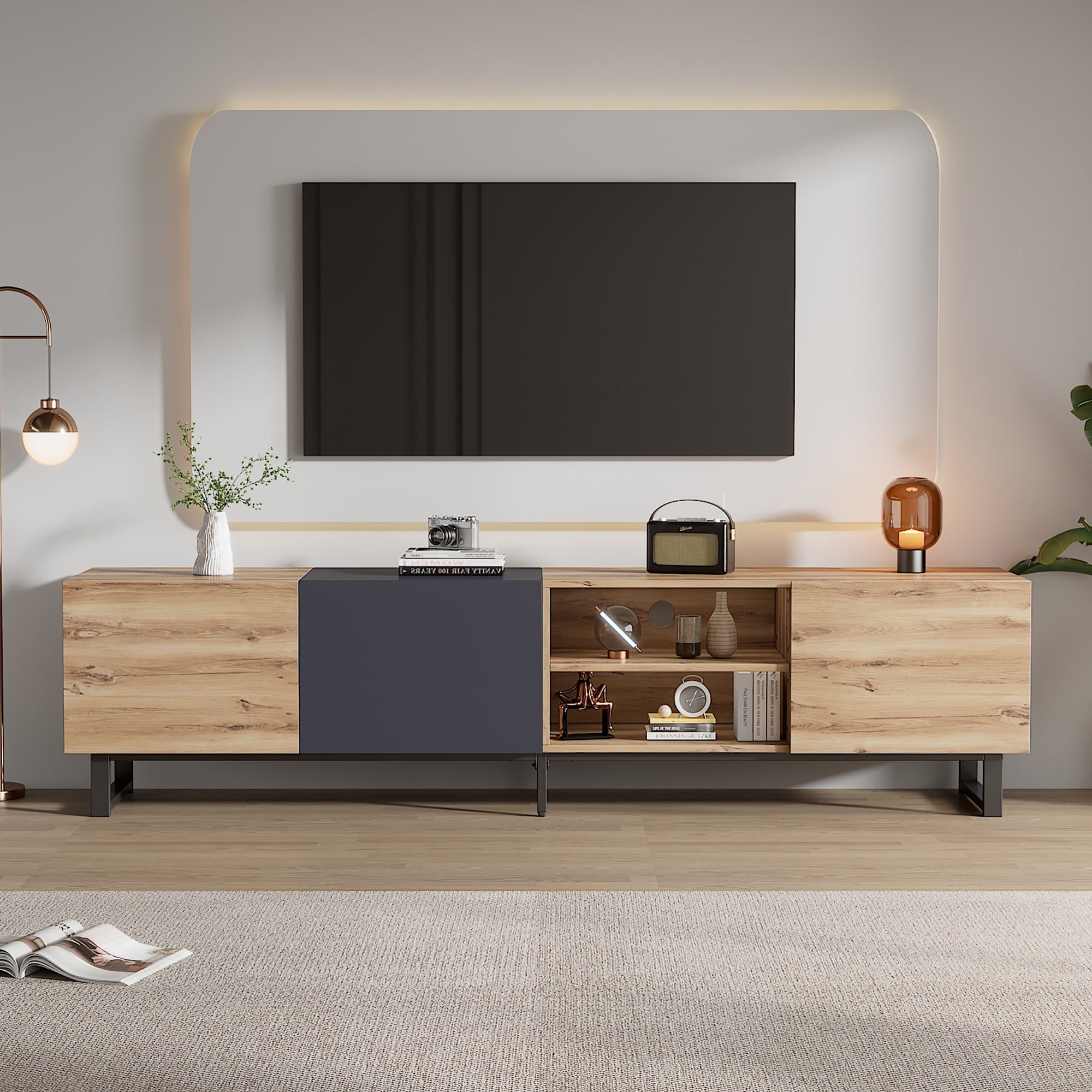 Nmkwnr Wood TV Stand with Open Shelves, TV Cabinet for TVs up to 80 ...