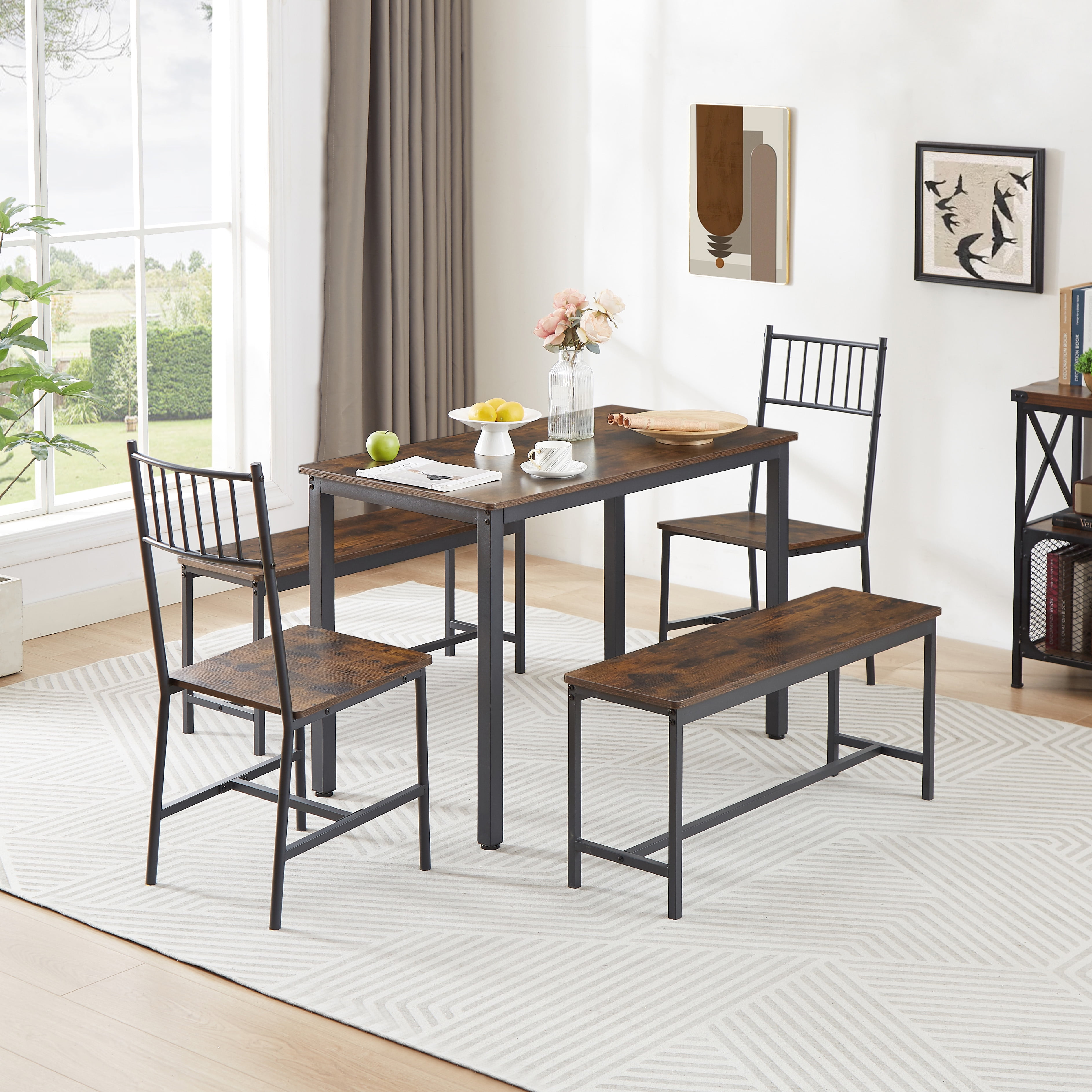 Nmkwnr Wood Tabletop Dining Table with 2 Pack Benches and 2 Pack Chairs ...