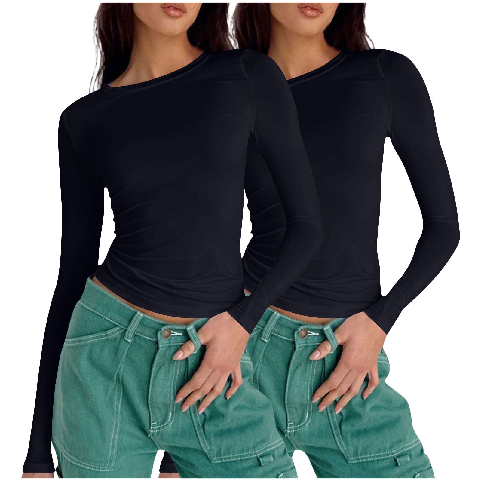Nmnitkp 2PC Women's Long Sleeve Round Neck Crop Top Tee Shirt Basic ...