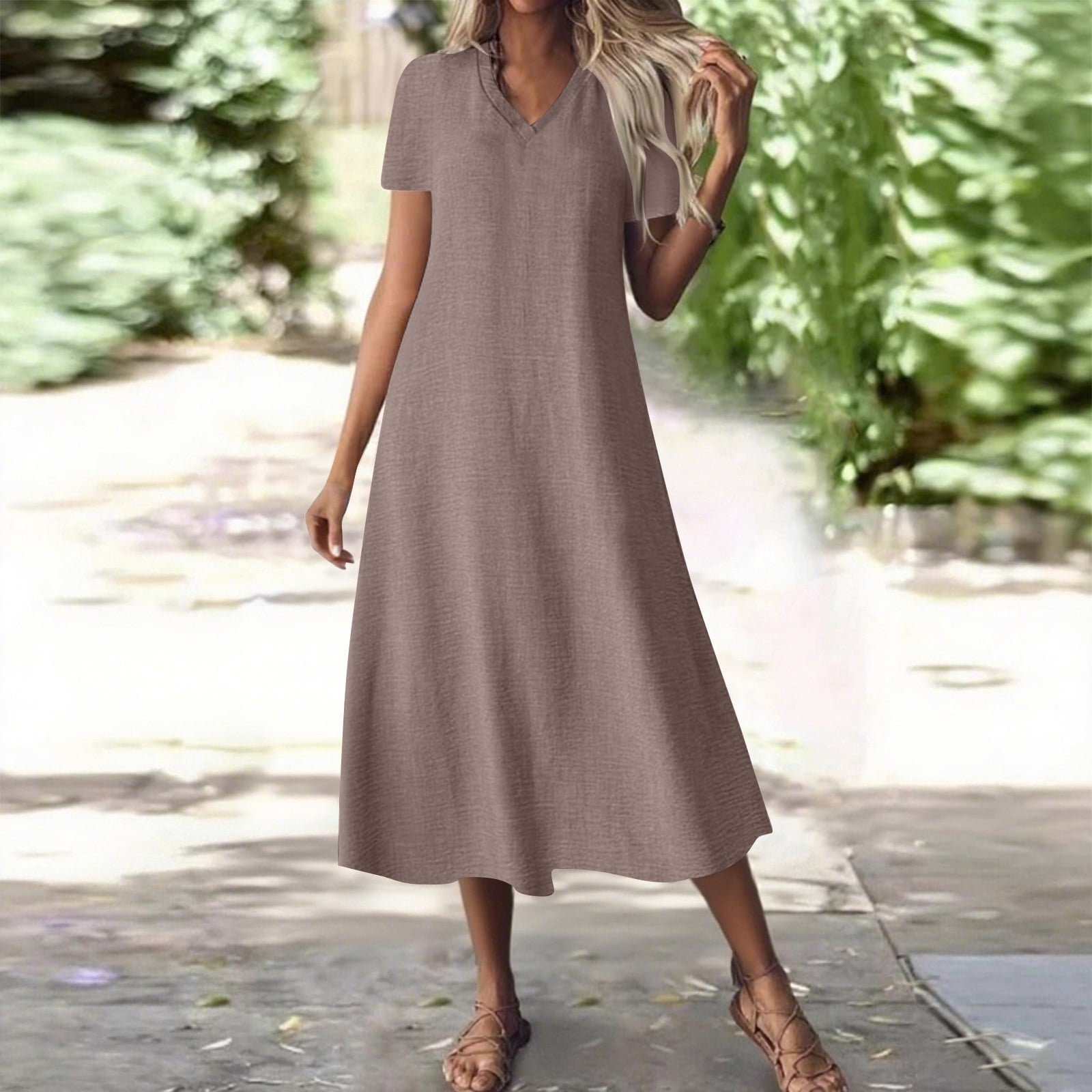 Nmnitkp Dresses for Women Linen Blend V Neck Maxi Dress, Short Sleeve ...