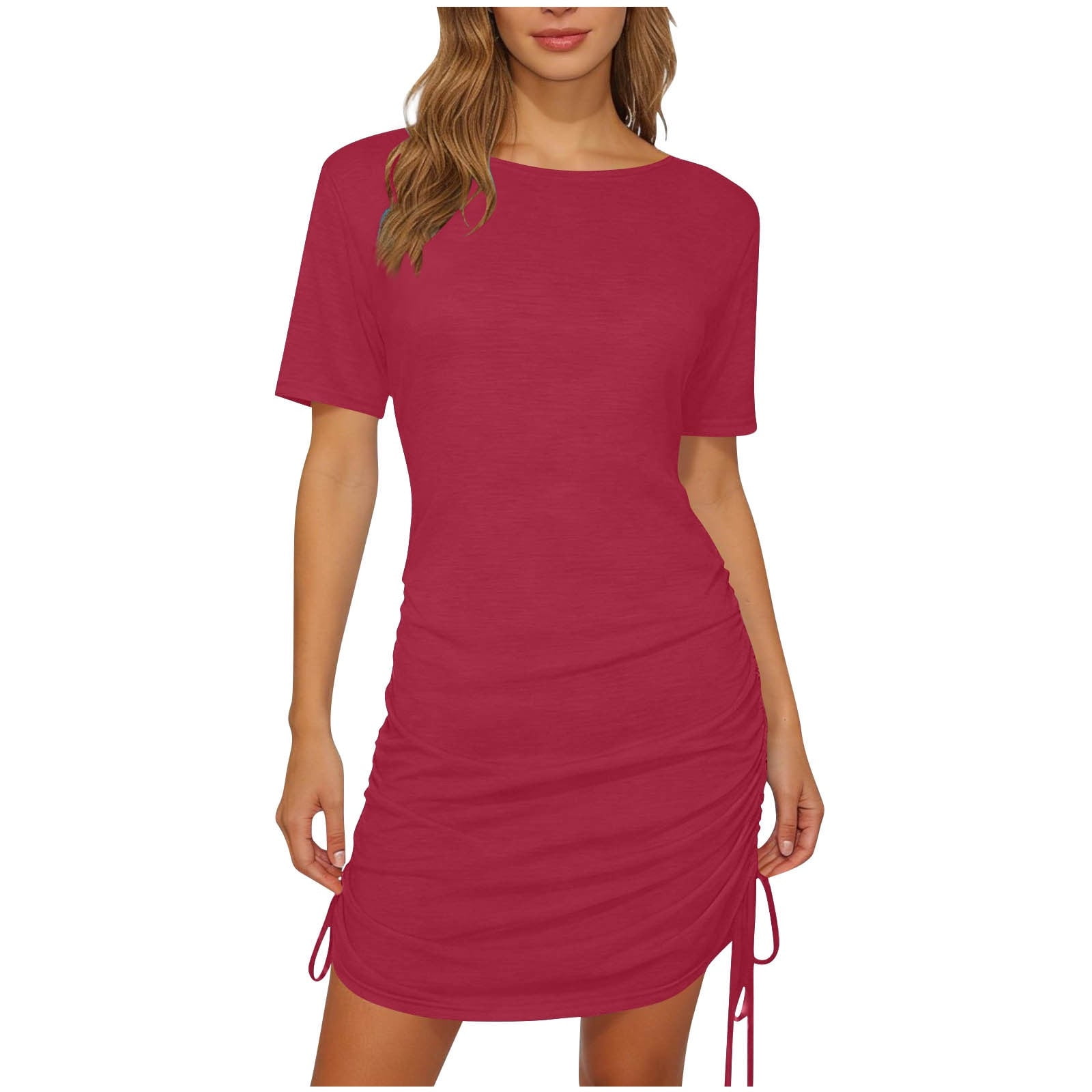 Nmnitkp Dresses for Women Stretchy Ruched Bodycon Mini Dress, Crew Neck ...