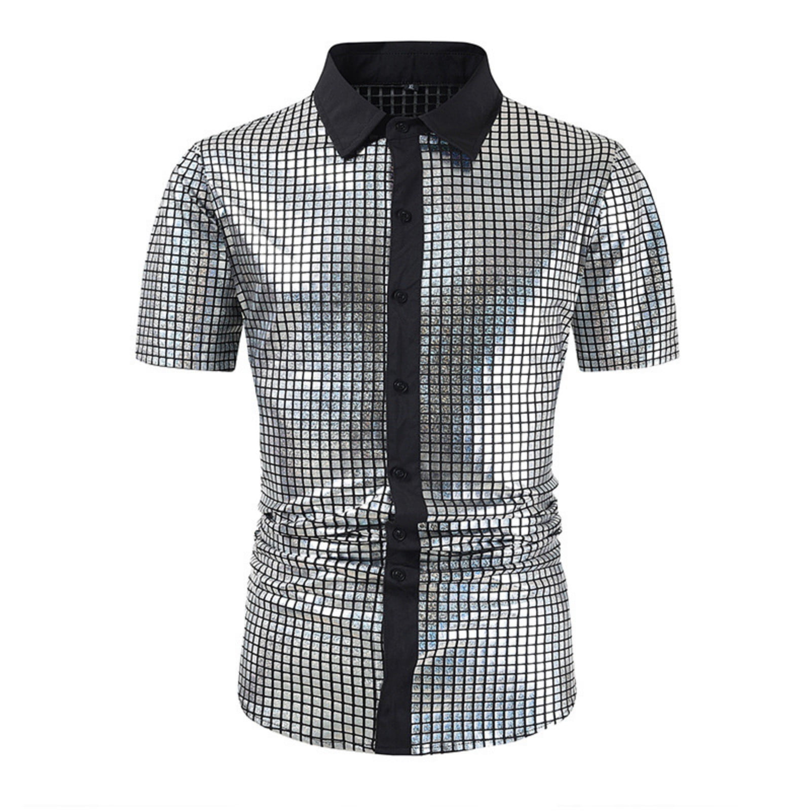 Nmnitkp Mens Button Down Disco Shirt Outfit Men Retro 70s Shirts for Men Sequin Metallic Short ...