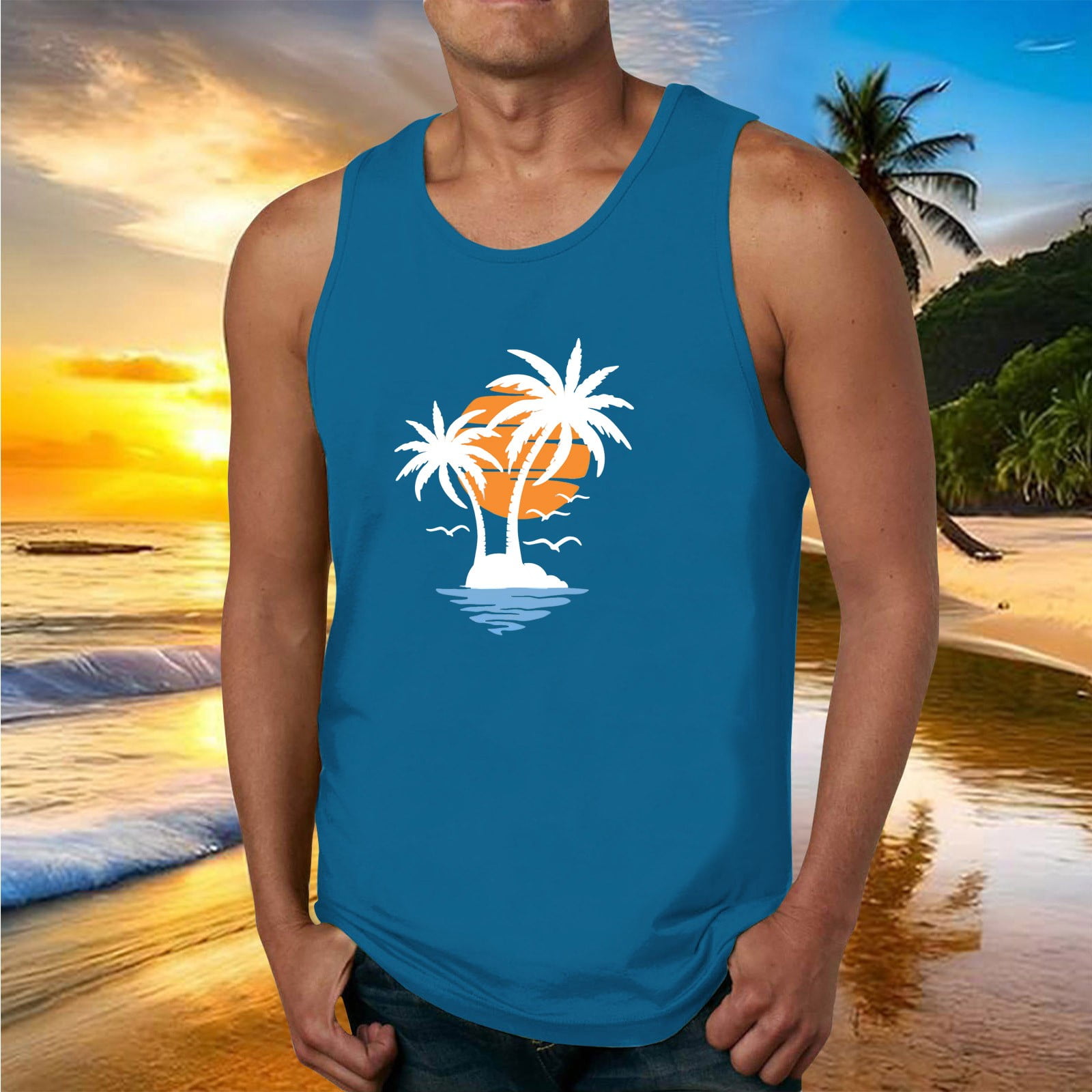 Nmnitkp Mens Summer Beach Tank Top Tropical Hawaiian Palm Tree Print Sleeveless Shirts Muscle ...