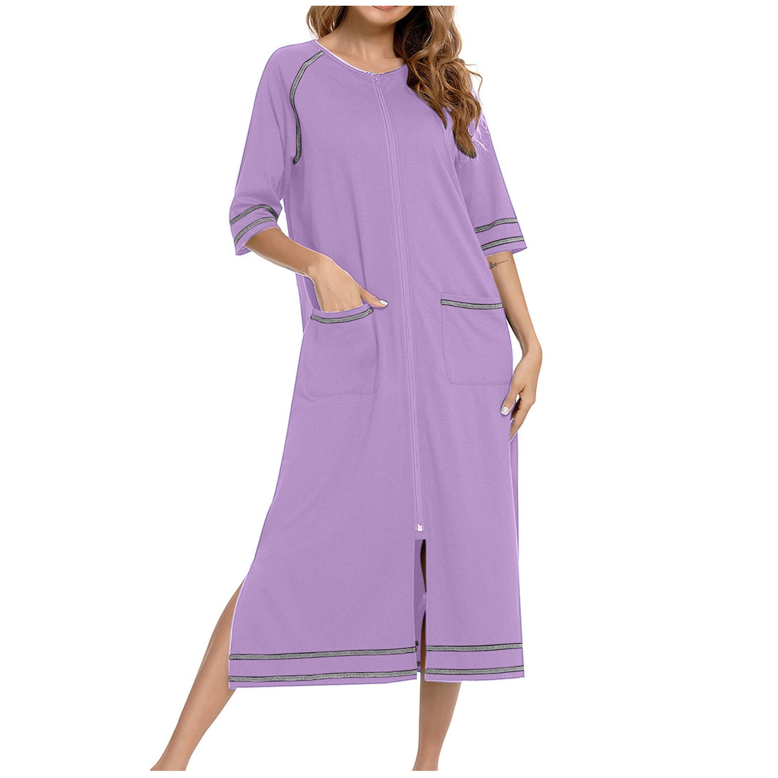 Nmnitkp Women Zipper Robe 1/2 Sleeves Loungewear Dress Full Length ...