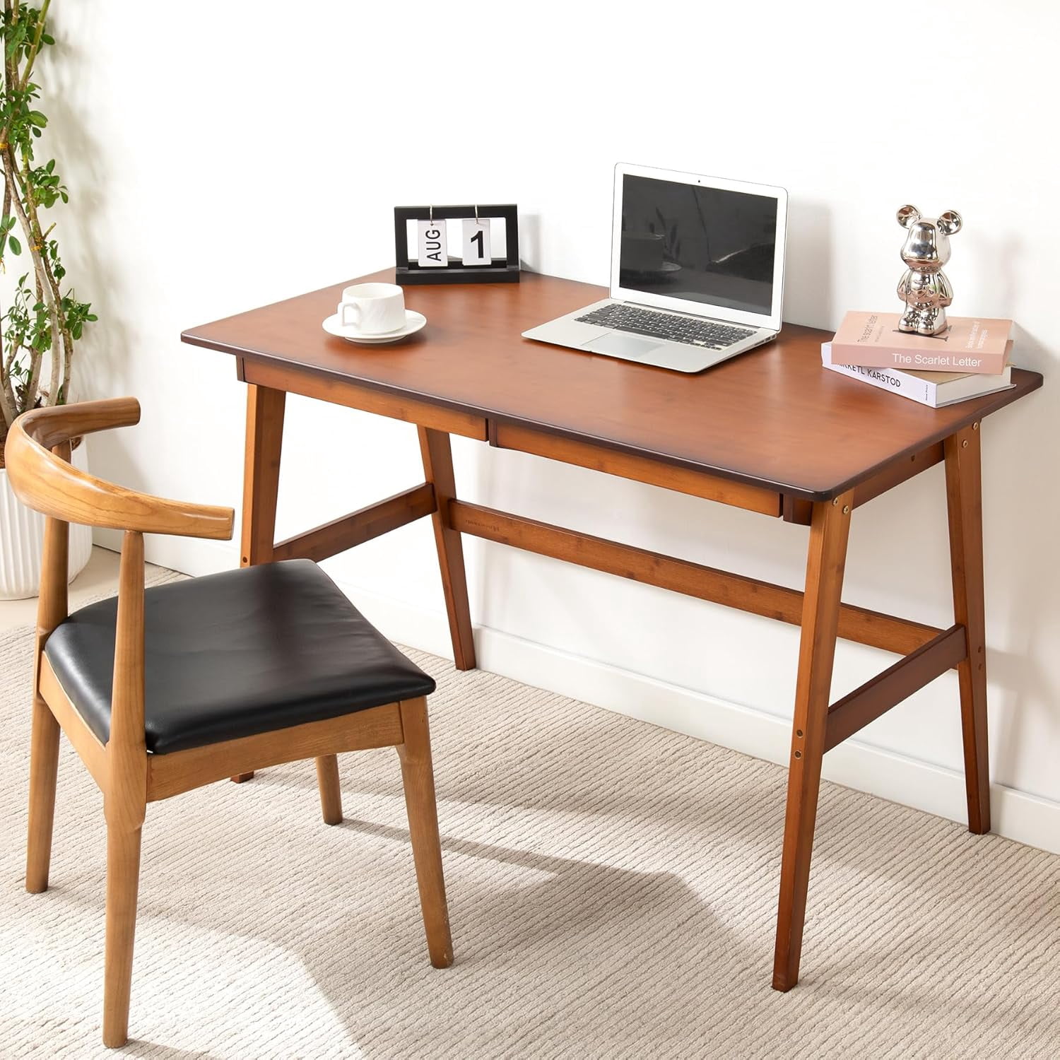 Nnewvante Writing Computer Desk Bamboo Home Office Table with Large ...